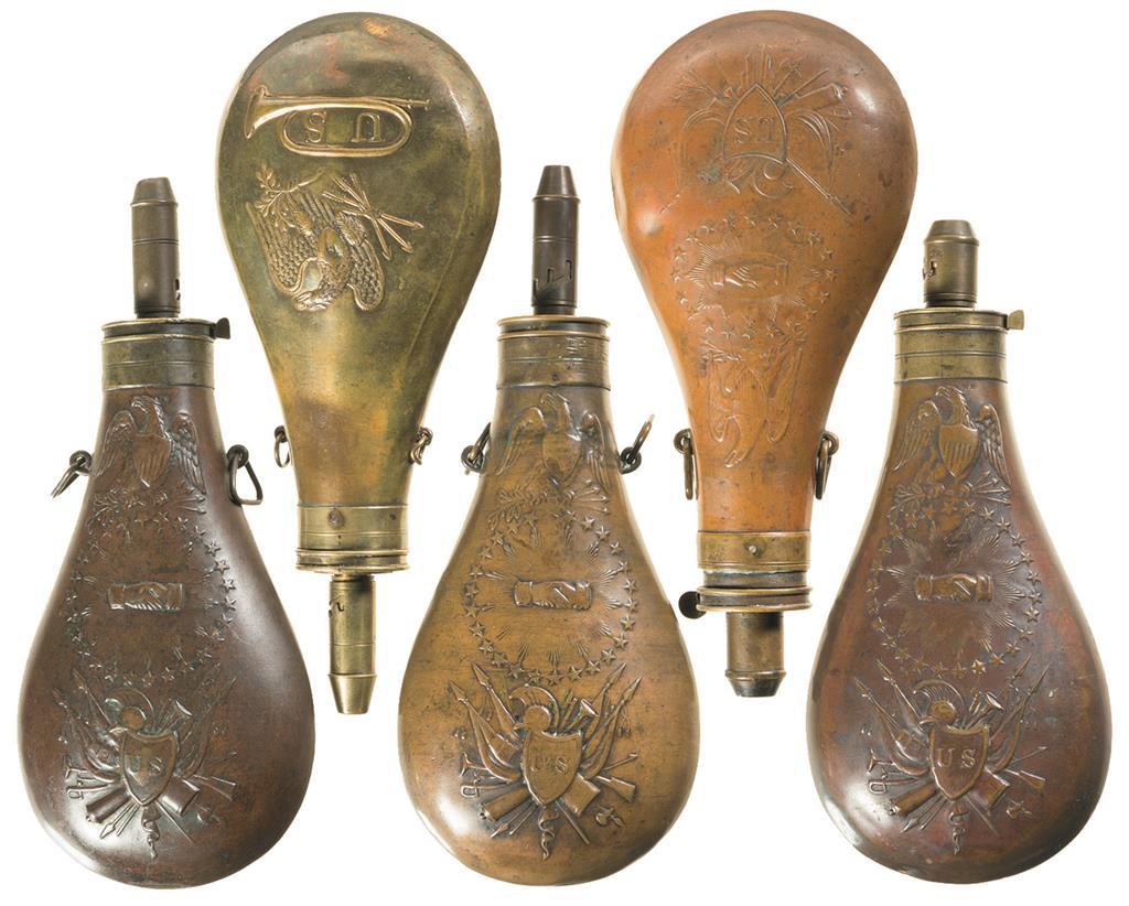 Five Brass Powder Flasks, Including Four Peace Flasks | Rock Island Auction