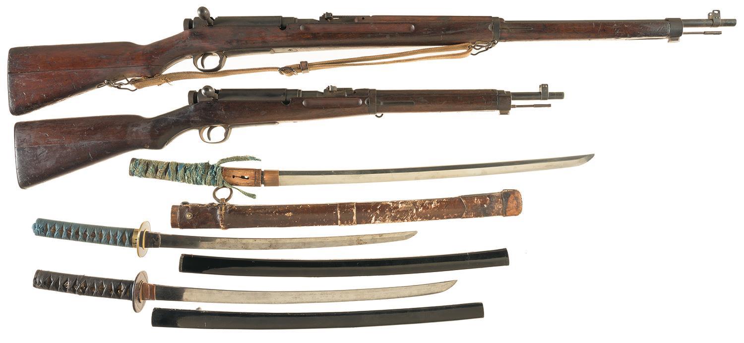 Two Japanese Bolt Action Longarms and Three Signed Swords | Rock Island ...