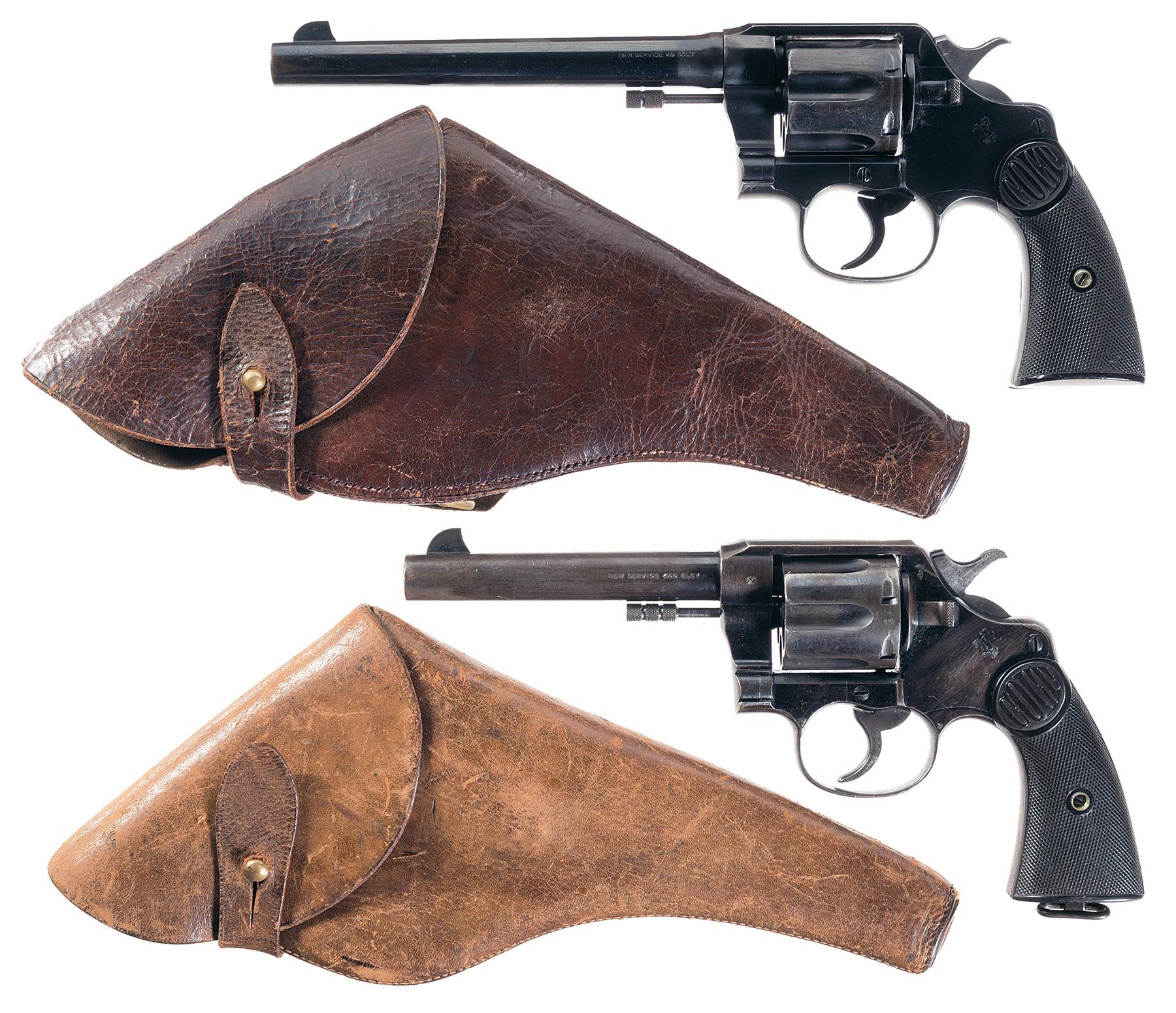 Two Colt New Service Double Action Revolvers with Holsters | Rock ...