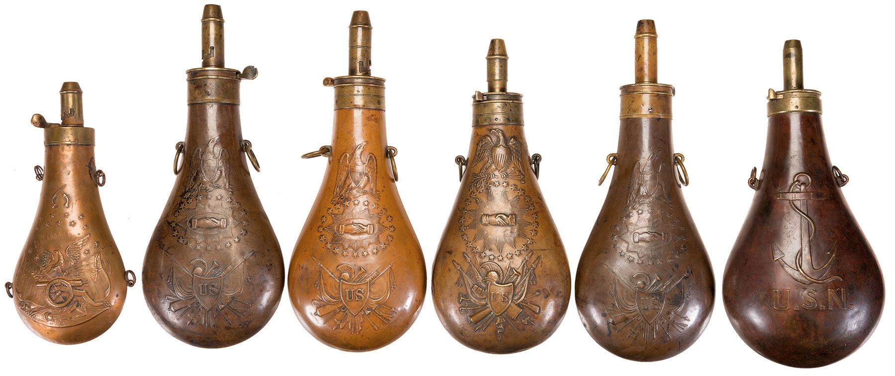 Six Powder Flasks | Rock Island Auction