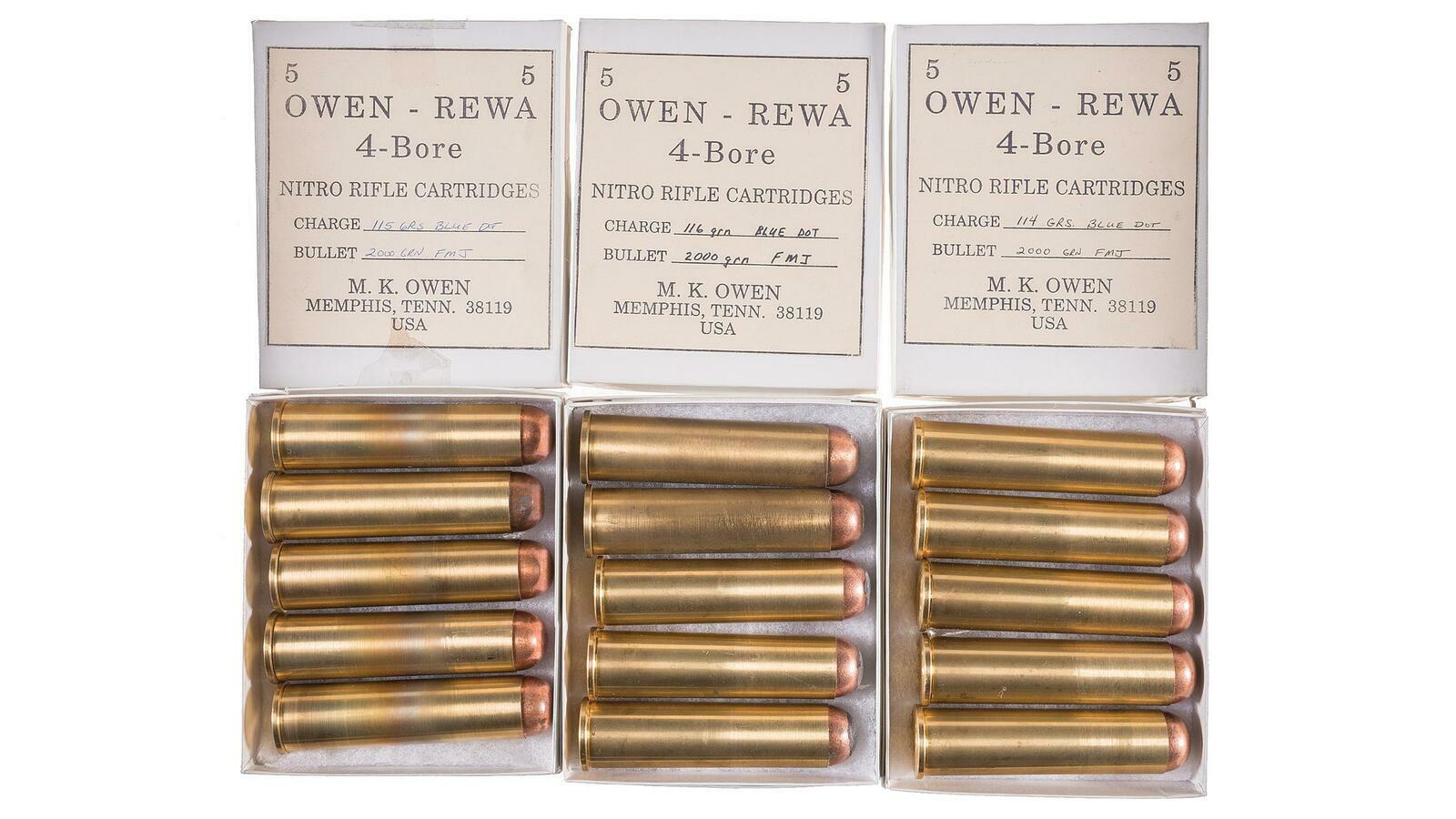 Nine Boxes of M.K. Owen 4 Bore Nitro Rifle Cartridges | Rock Island Auction