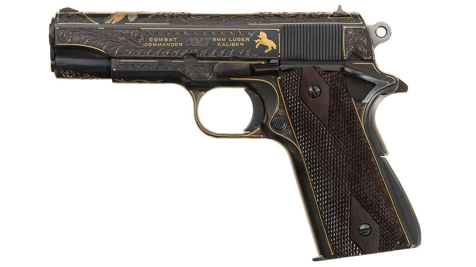 Engraved Gold Inlaid Colt Combat Commander Semi-Automatic Pistol | Rock ...