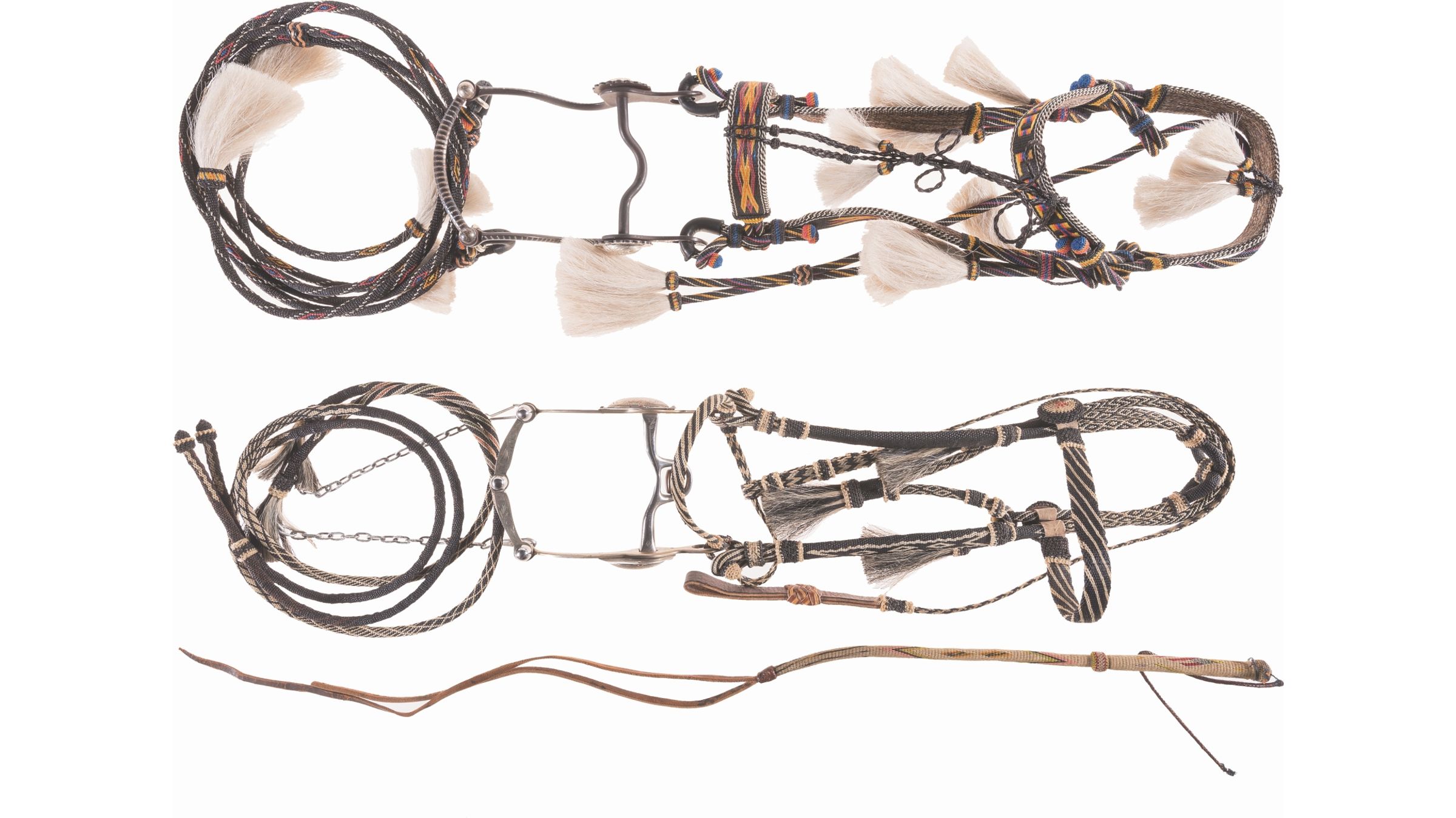 Two Ornate Western Bits with Bridles and a Riding Quirt | Rock Island ...