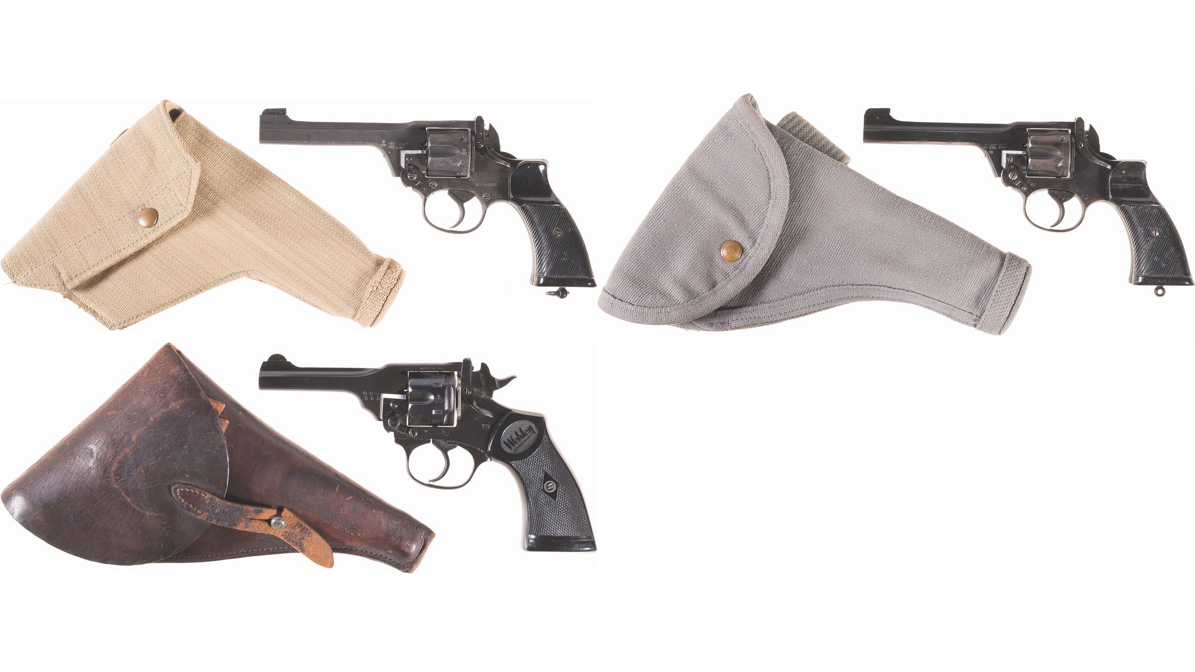 Three British Double Action Revolvers with Holsters | Rock Island Auction