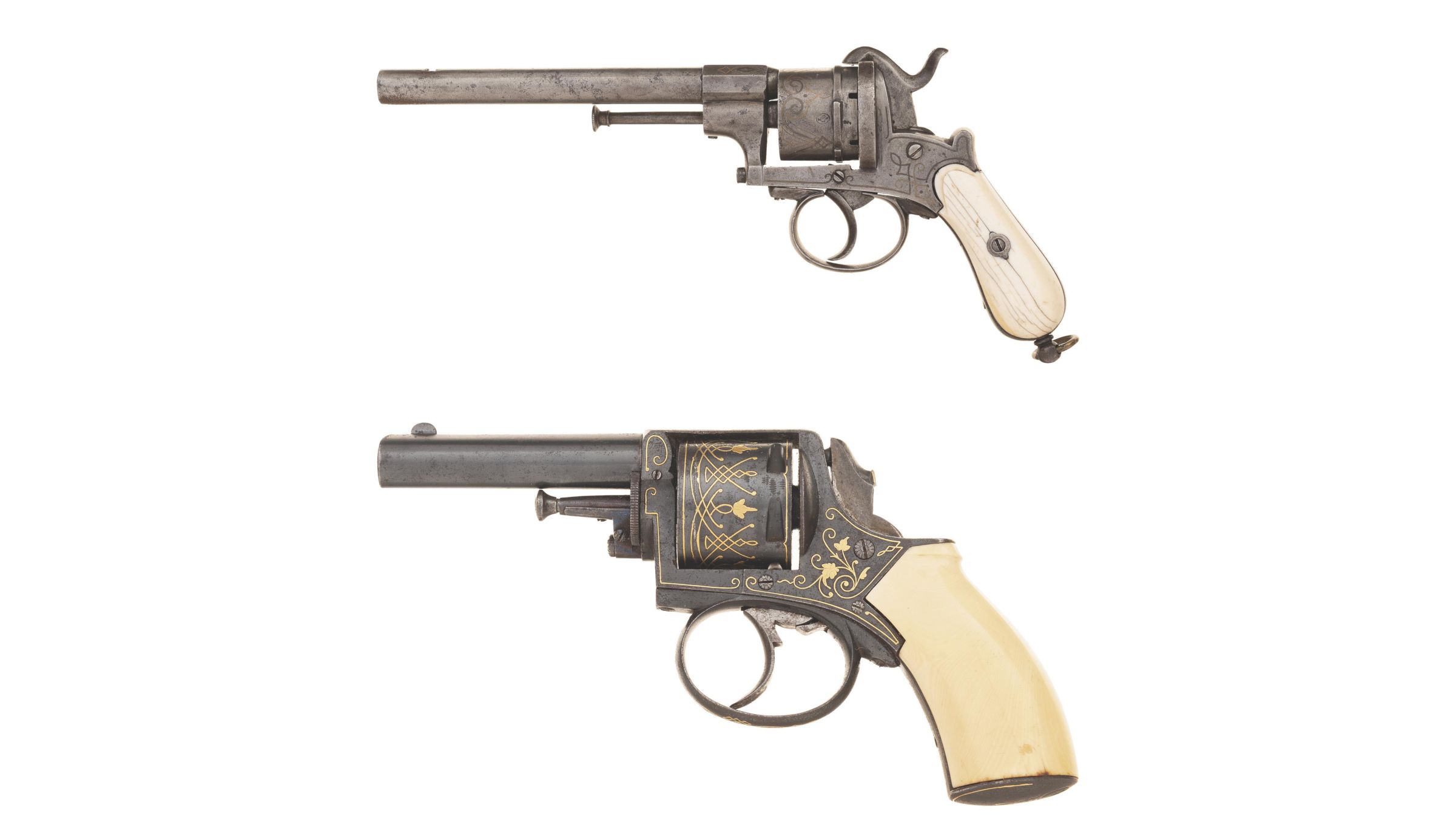 Two Gold Inlaid Antique European Double Action Revolvers | Rock Island ...