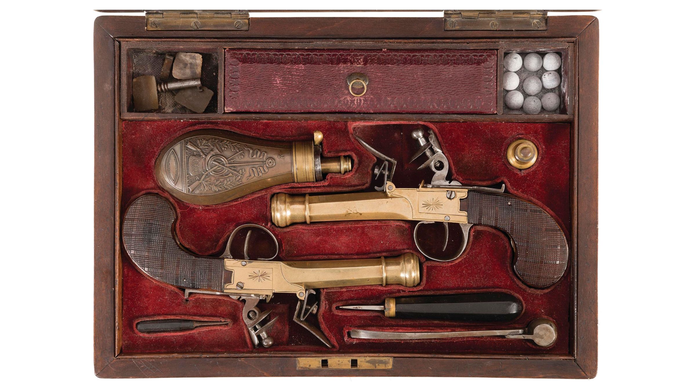 Cased Pair of Brass Box Lock Flintlock Pocket Pistols | Rock Island Auction