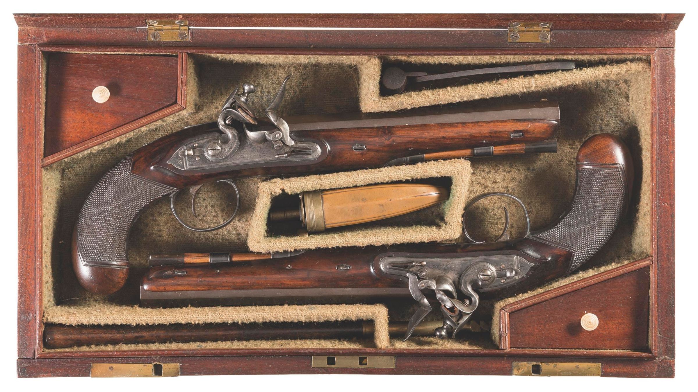 Cased Pair of Engraved John Harcourt Flintlock Pistols | Rock Island ...