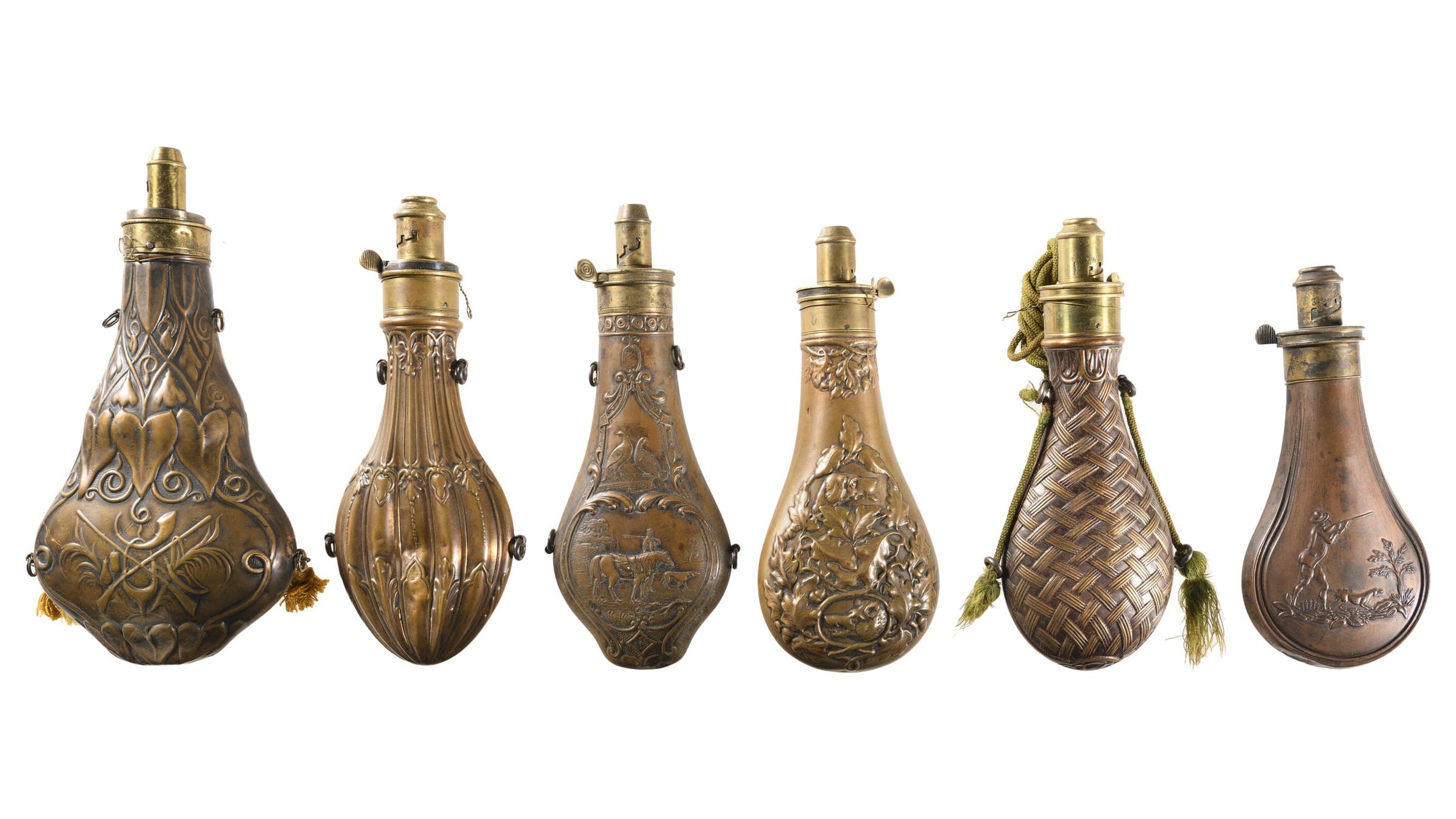Six Primarily Hawksley Powder Flasks | Rock Island Auction