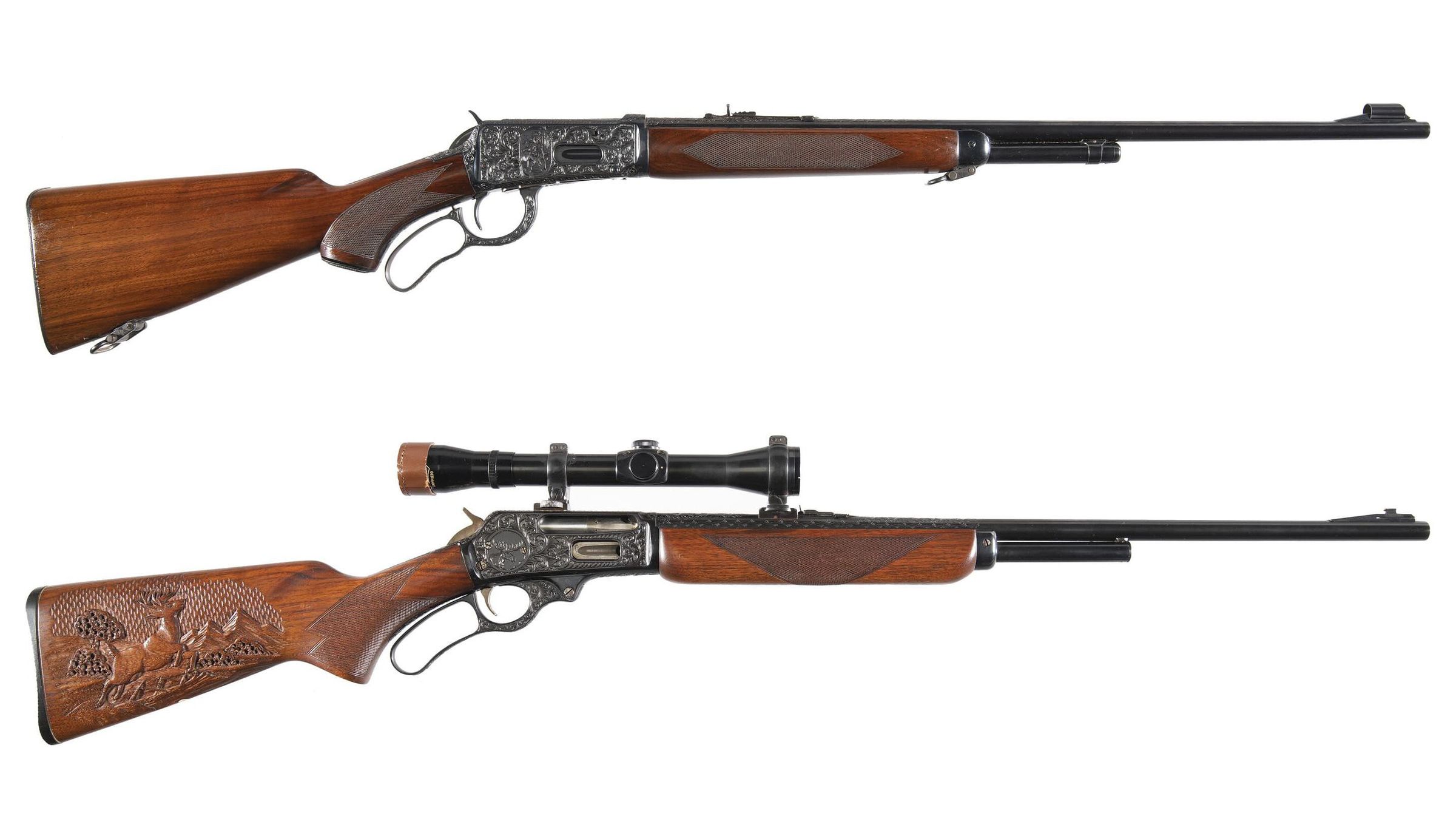 Two Game Scene Engraved American Lever Action Rifles | Rock Island Auction