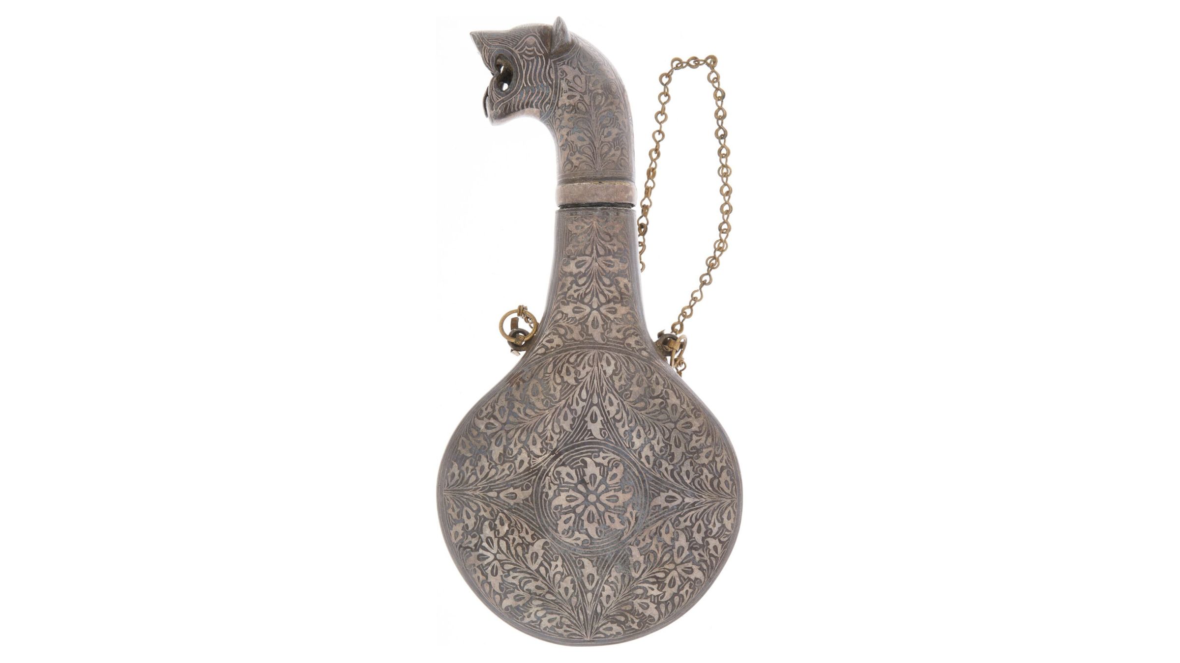 Highly Ornate Silver Inlaid Powder Flask | Rock Island Auction