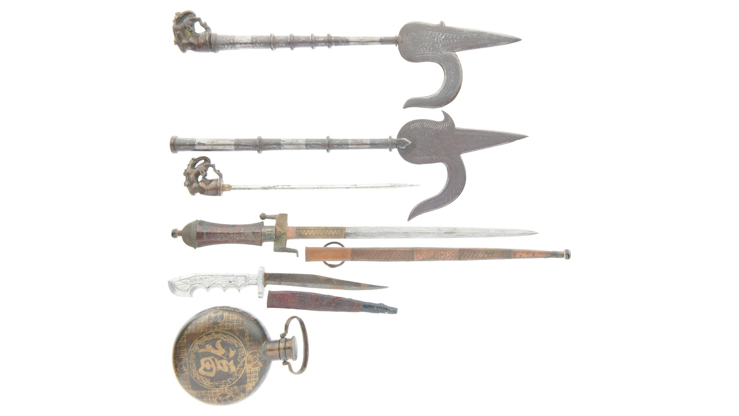 Four Edged Weapons and One Powder Flask | Rock Island Auction