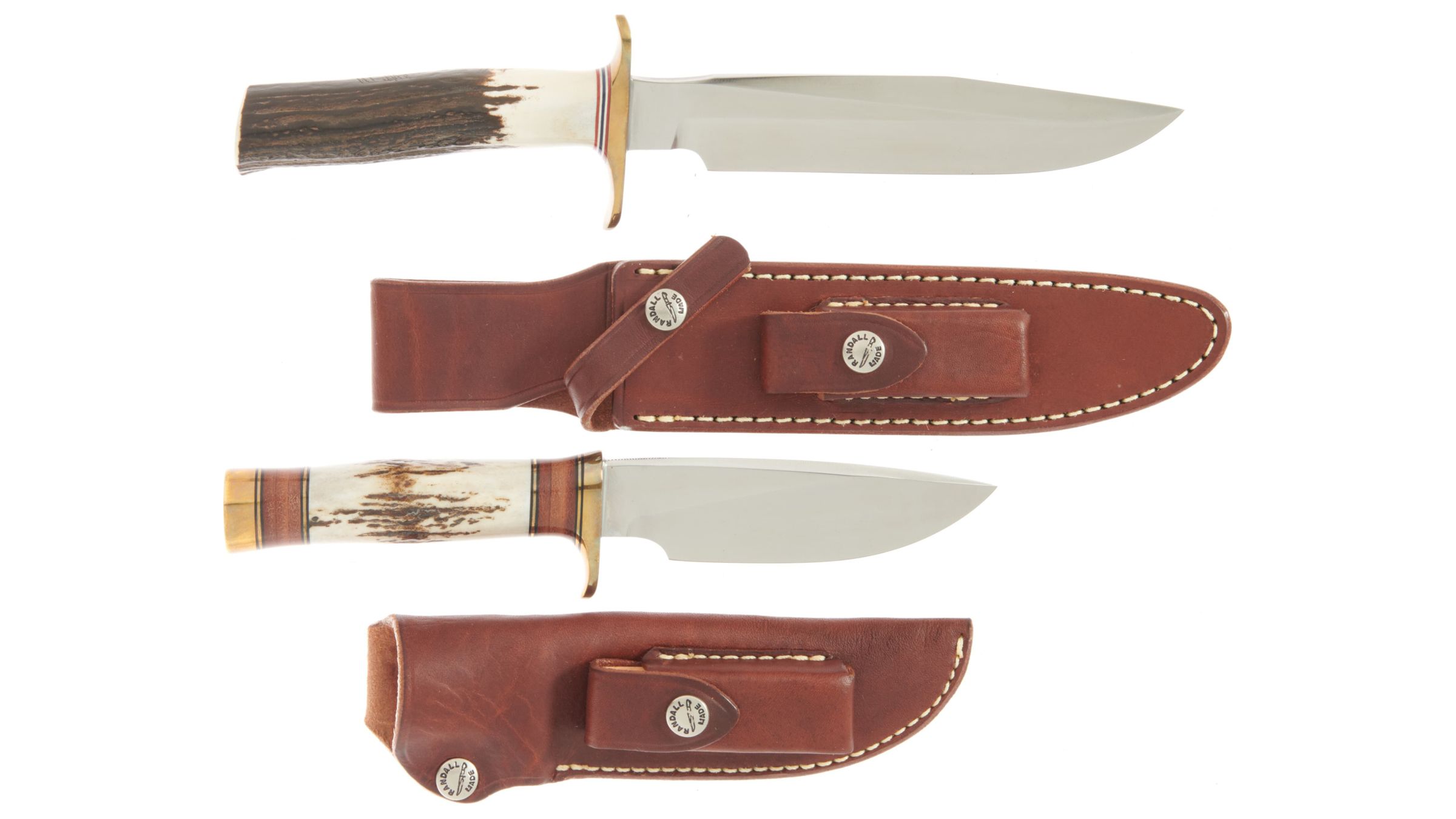 Two Randall Stag Handled Knives With Leather Sheaths Rock Island Auction
