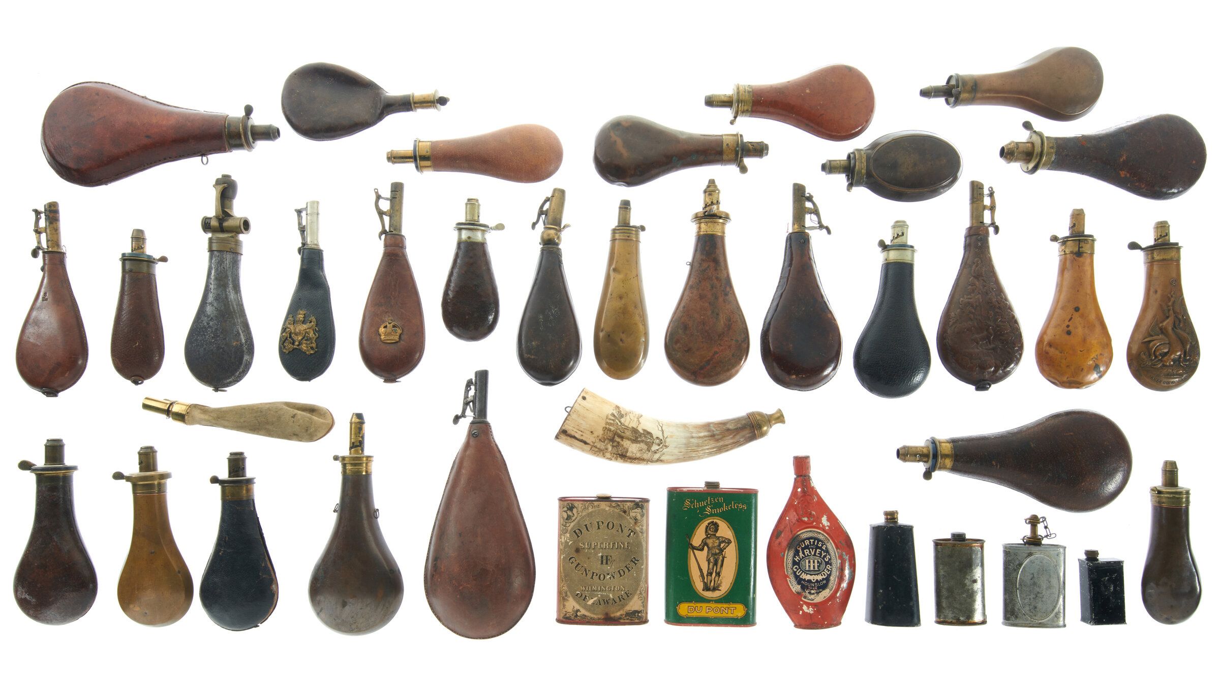 Large Grouping of Powder Flasks, Horns, Tins, and Shot Pouches | Rock ...