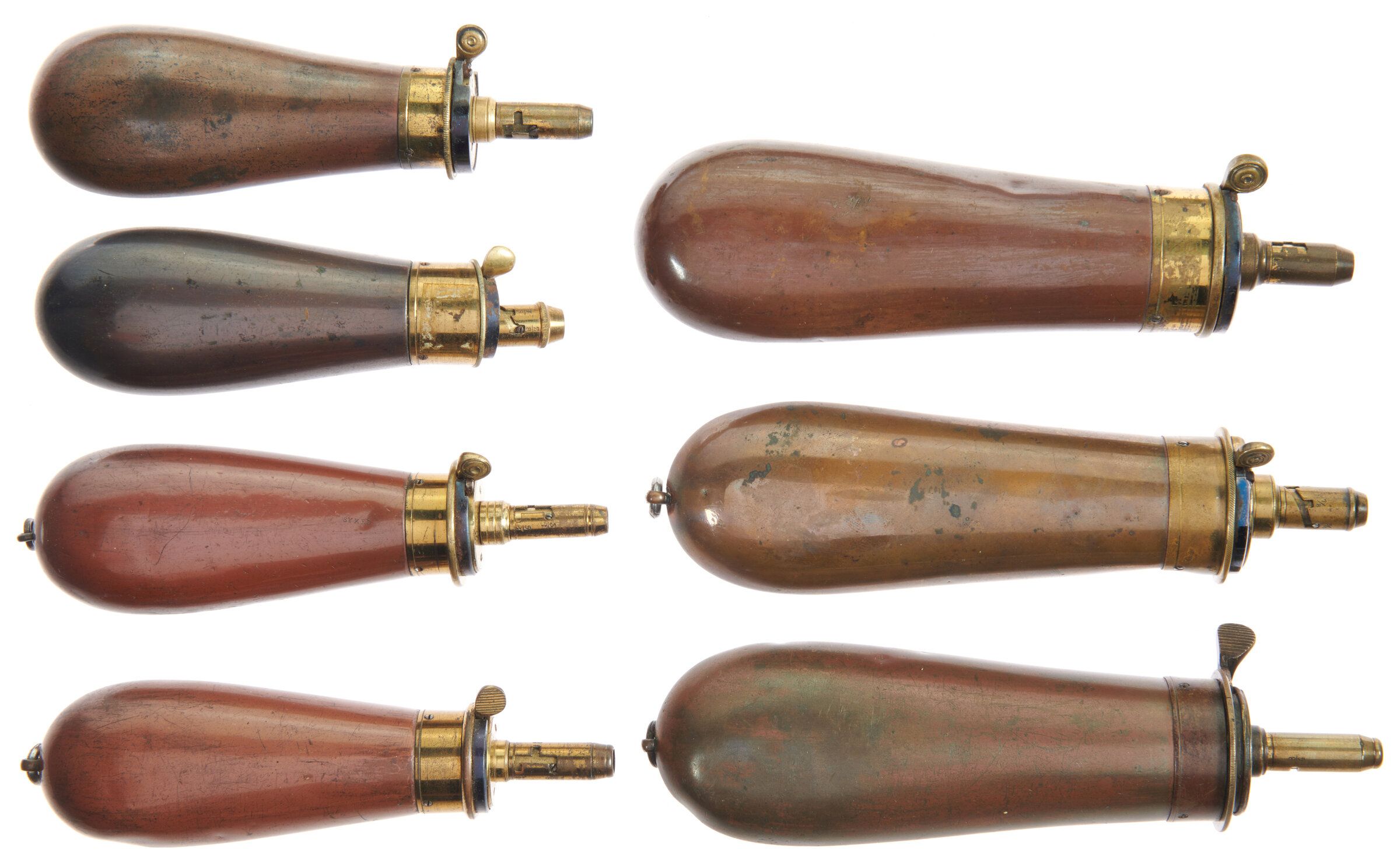 Group of Seven Powder Flasks, Mostly Maker's/Patent Marked | Rock ...