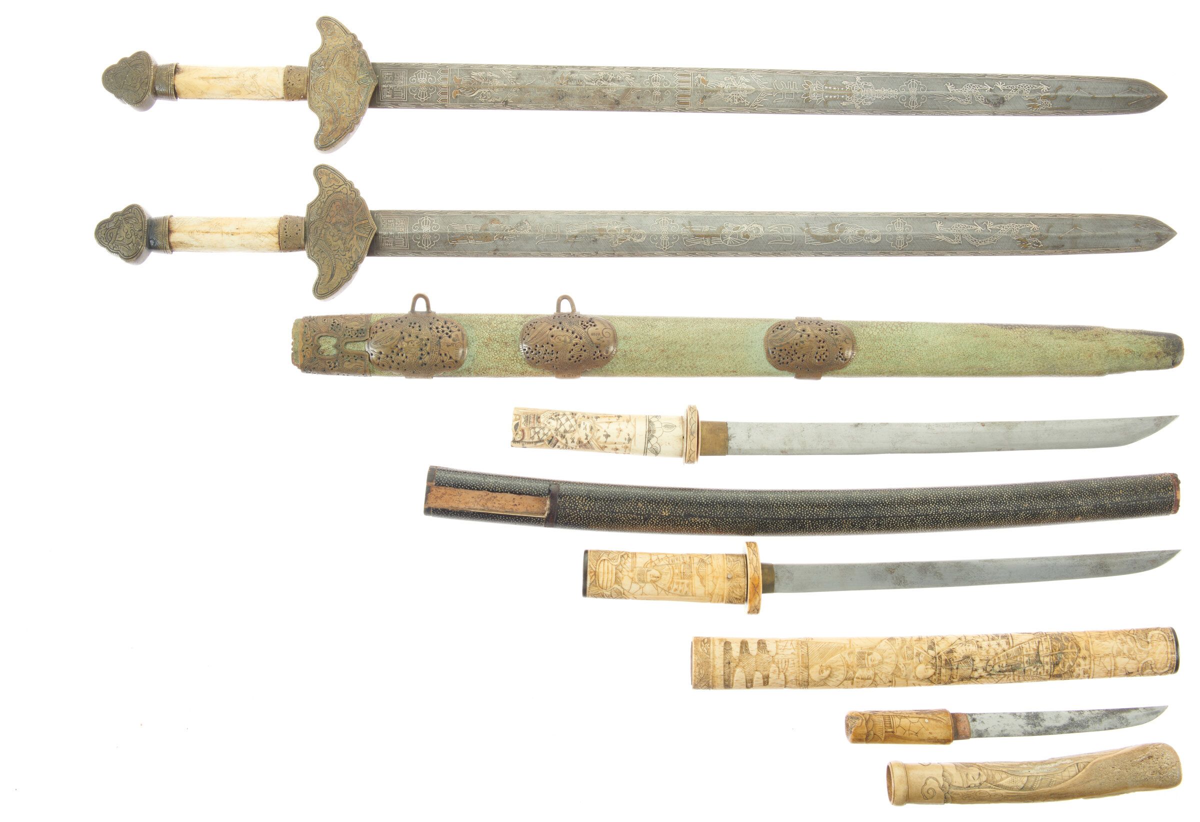 Dual Jian Style Swords and Three Japanese Style Knives | Rock Island ...