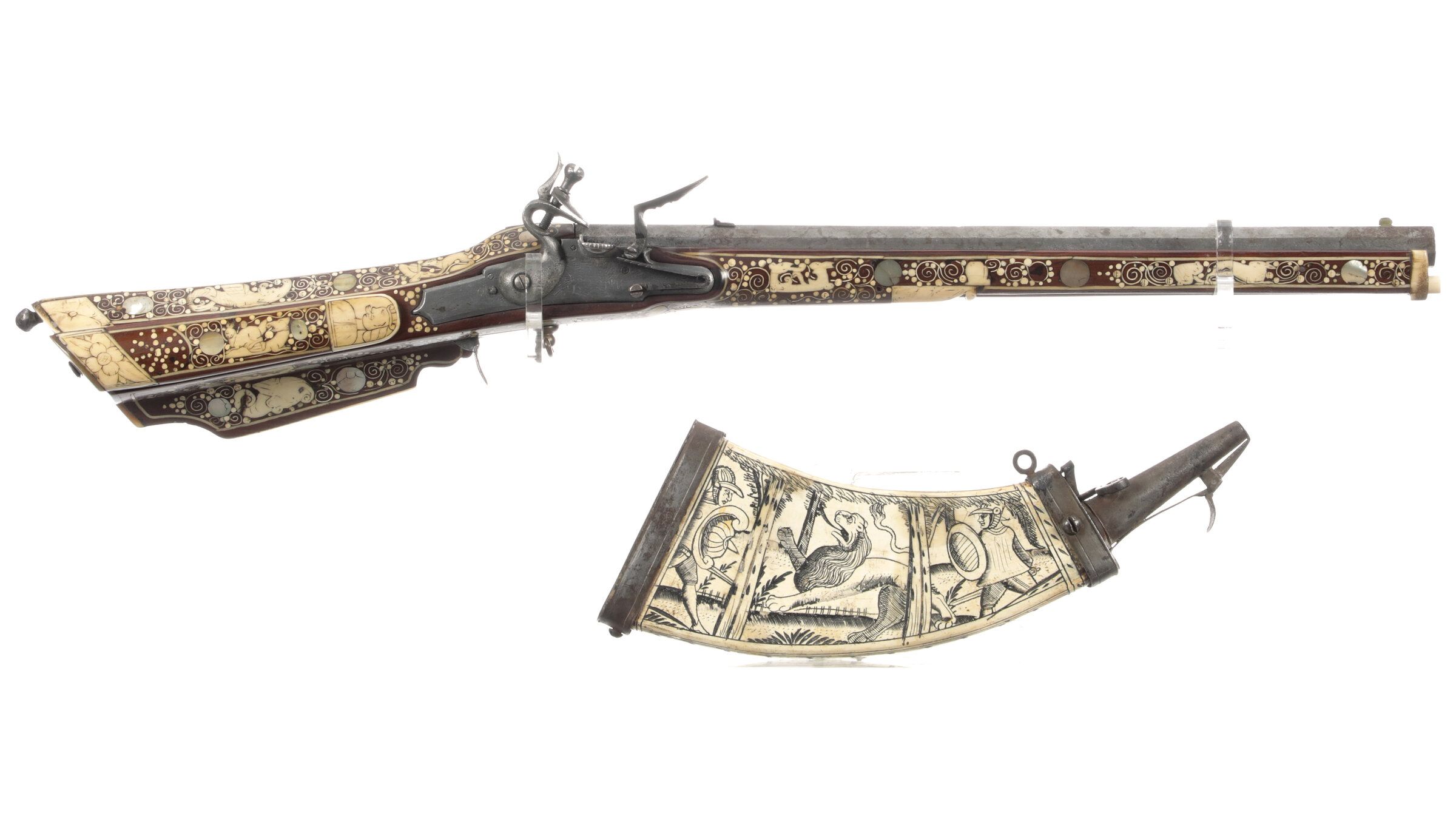 Scrimshaw Decorated Short Flintlock Rifle with Powder Flask | Rock ...