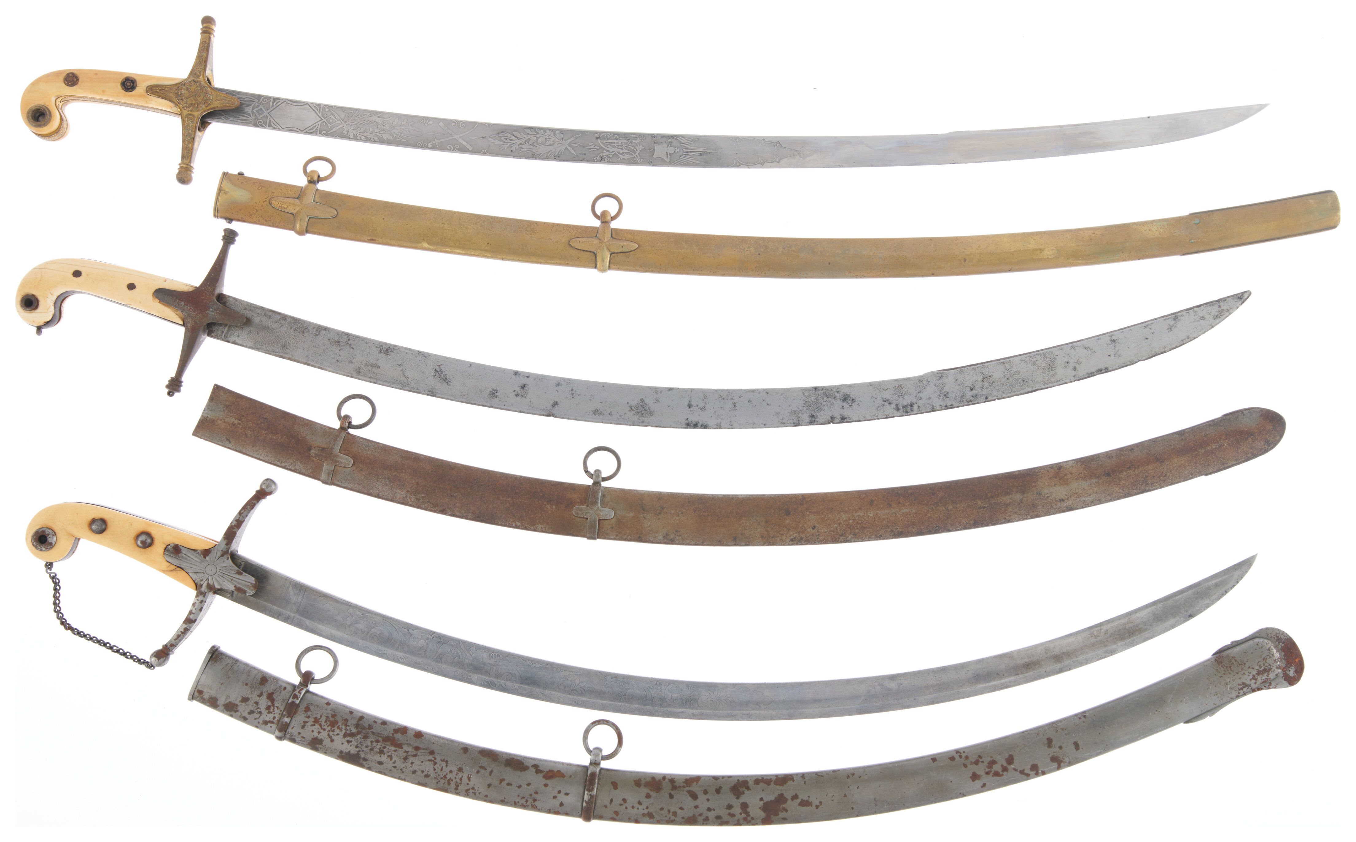 Three Etched Blade Mameluke Style Sabers with Scabbards | Rock Island ...