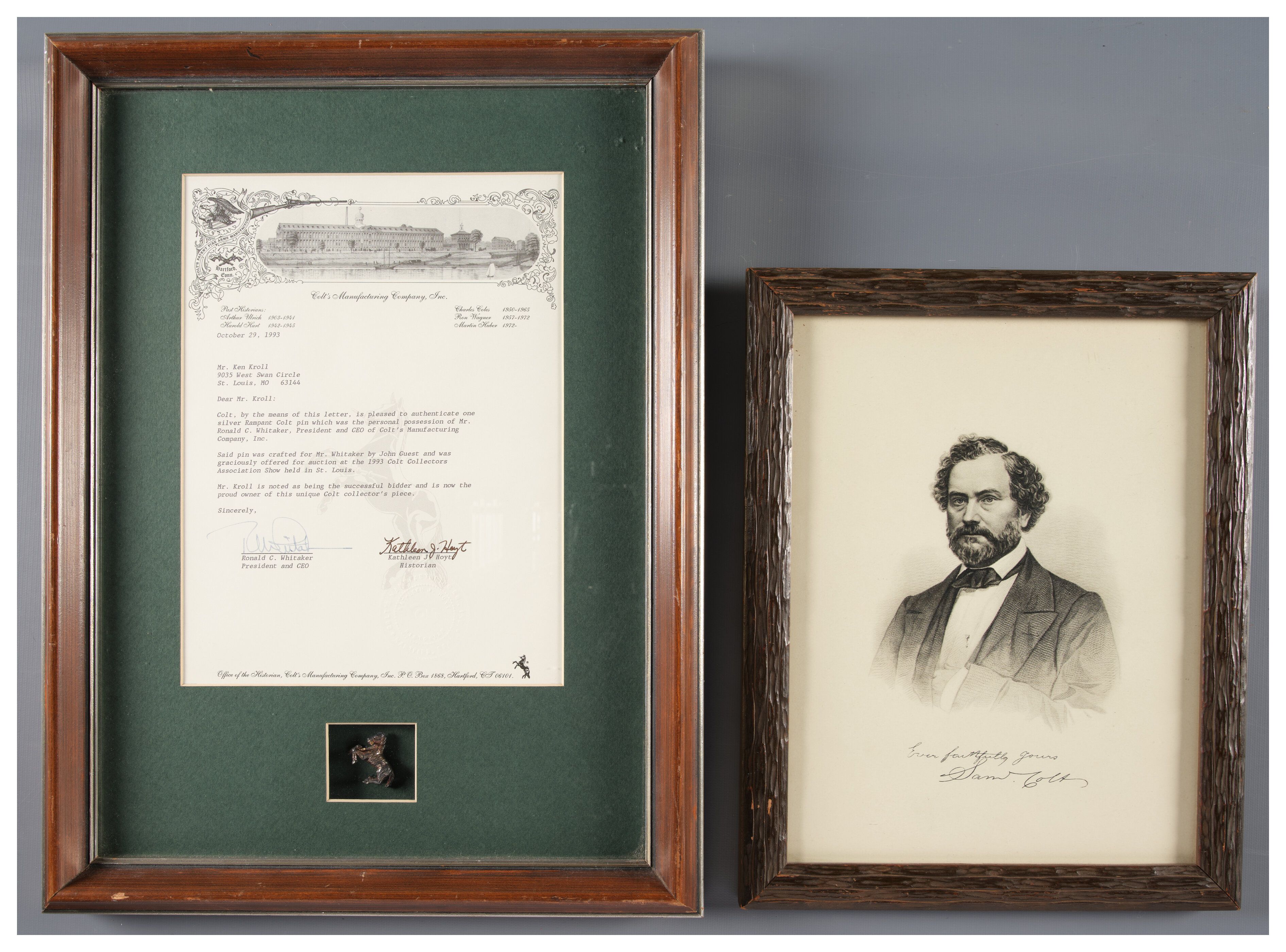 Framed Samuel Colt Portrait and Silver Rampant Colt Pin | Rock Island ...