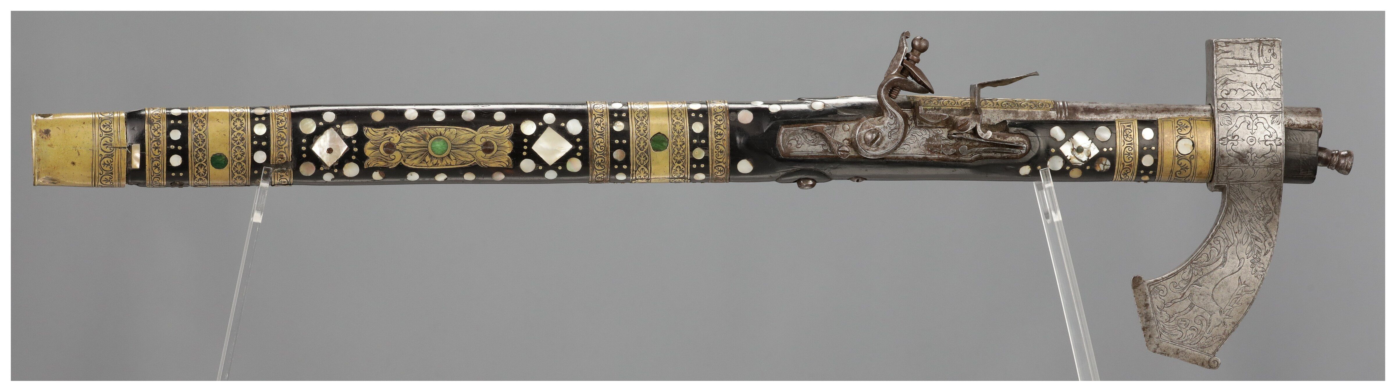 Ornate Engraved Pearl Inlaid Combination Axe Flintlock Pistol | Rock ...