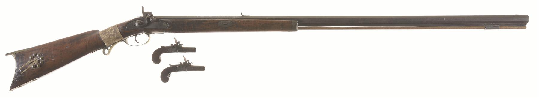 Hawken Half Stock Rifle and Two British Flintlock Pistols | Rock Island ...