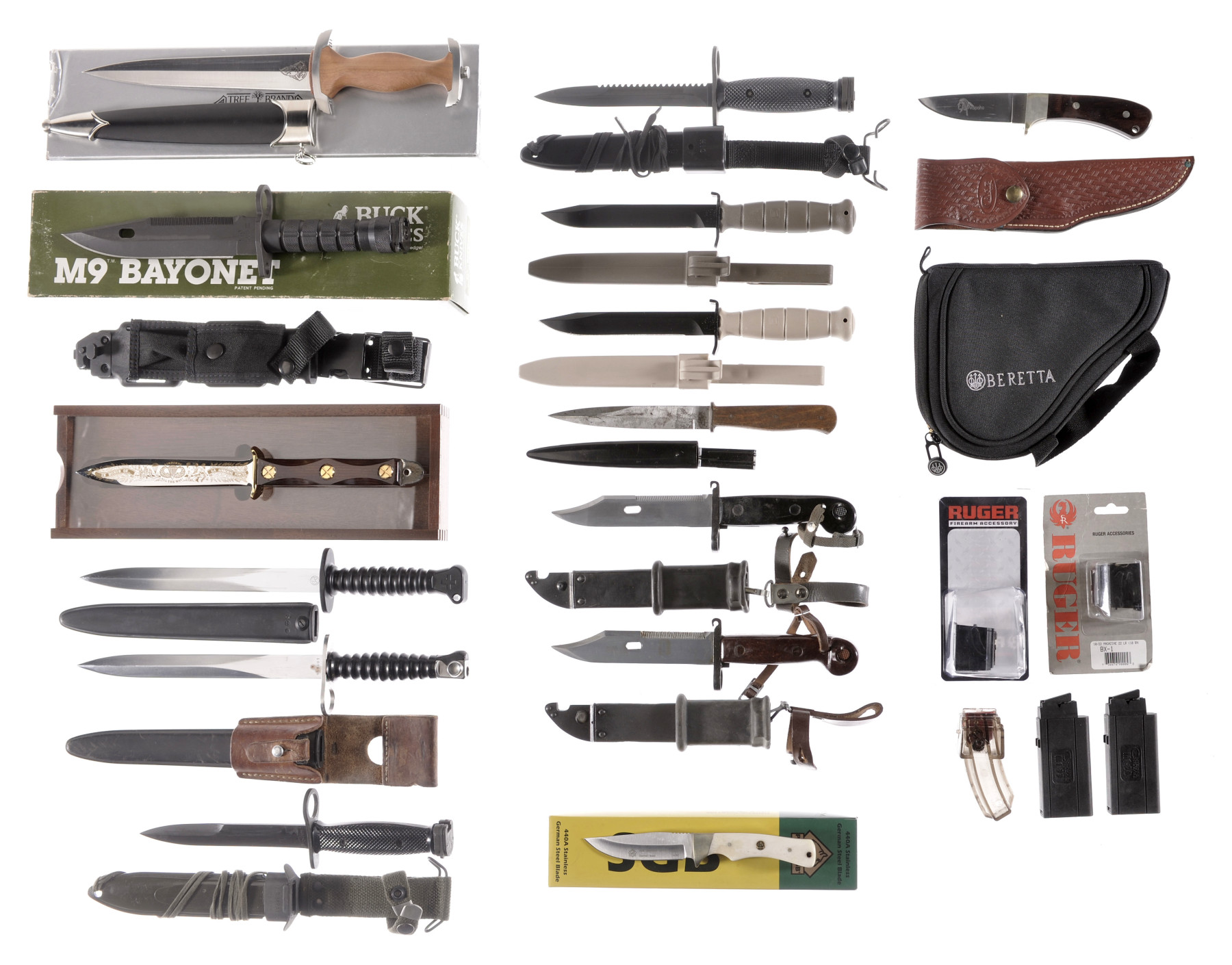 Group of Fourteen Assorted Edged Weapons and Firearm Accessories | Rock ...
