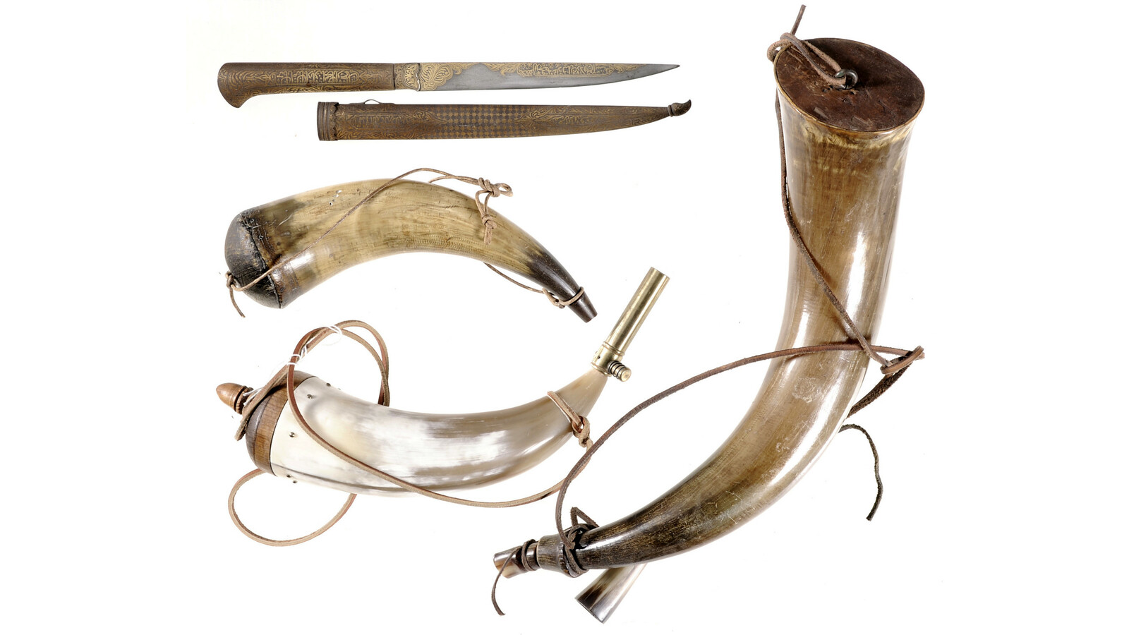 Three Powder Horns and One Gold Accented Persian Style Knife wit | Rock ...