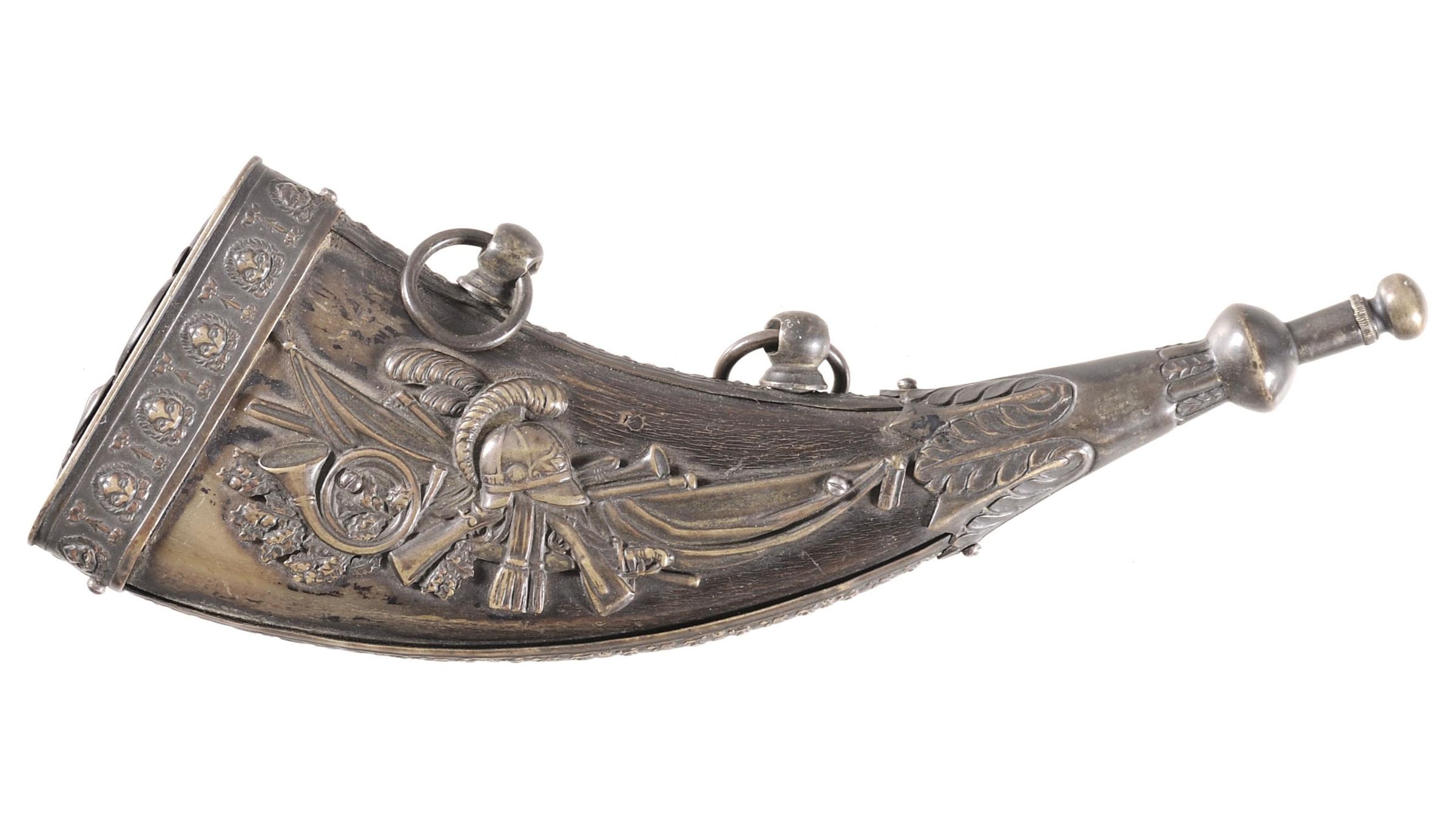 Ornate Brass Mounted Flat Powder Horn | Rock Island Auction