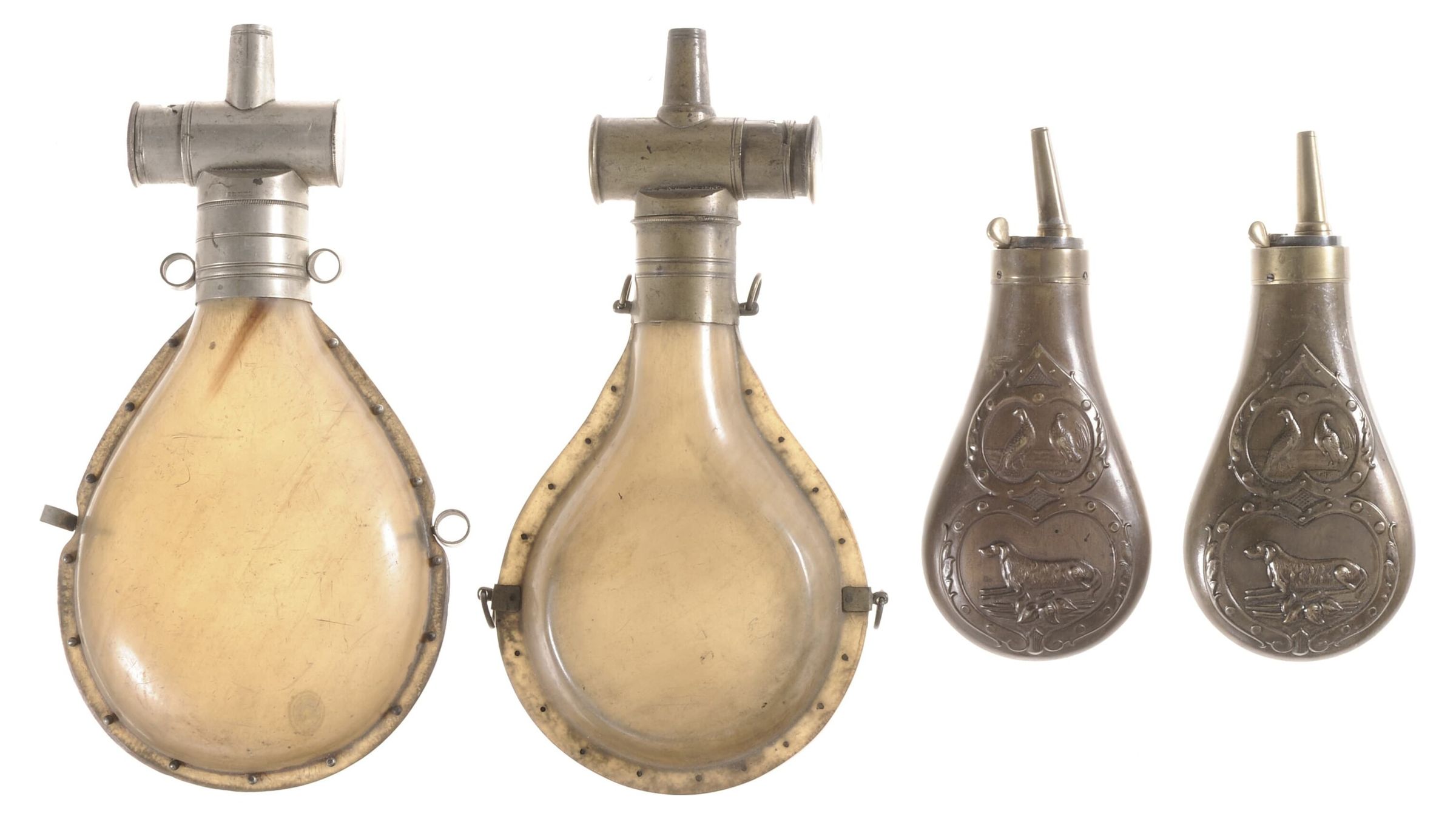 Group of Four Assorted Powder Flasks | Rock Island Auction