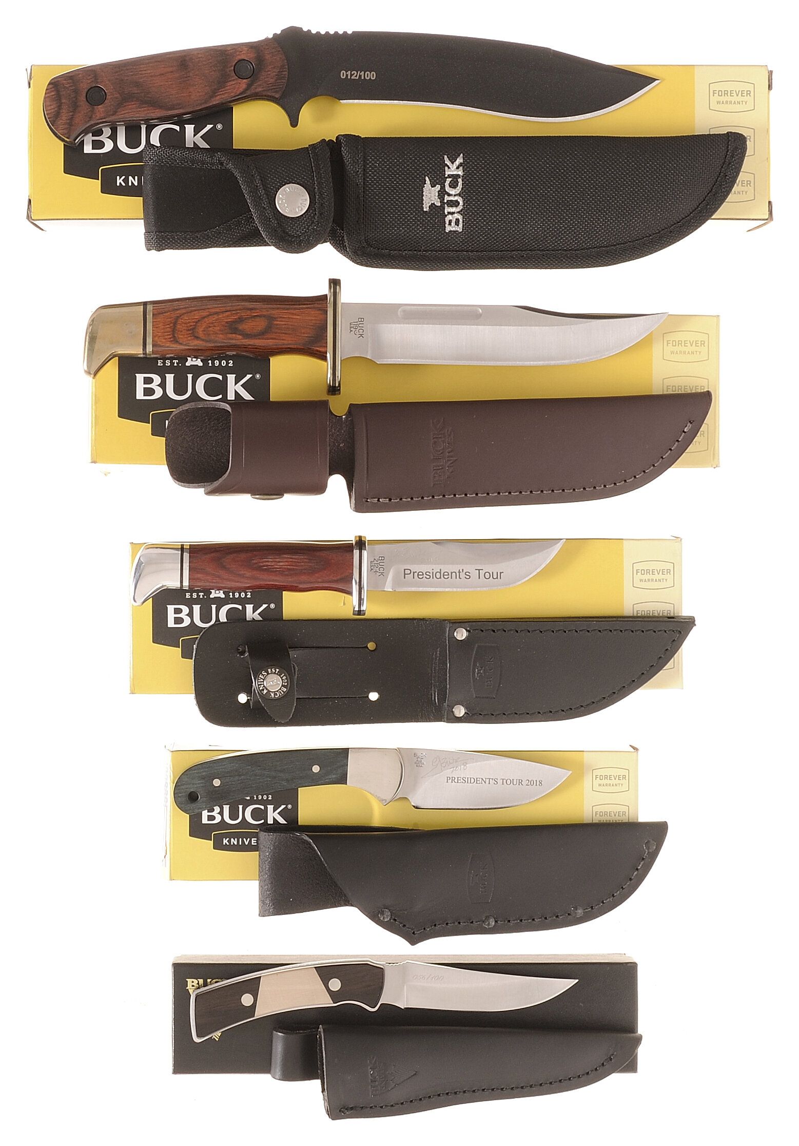 Five Buck Knives with Boxes | Rock Island Auction