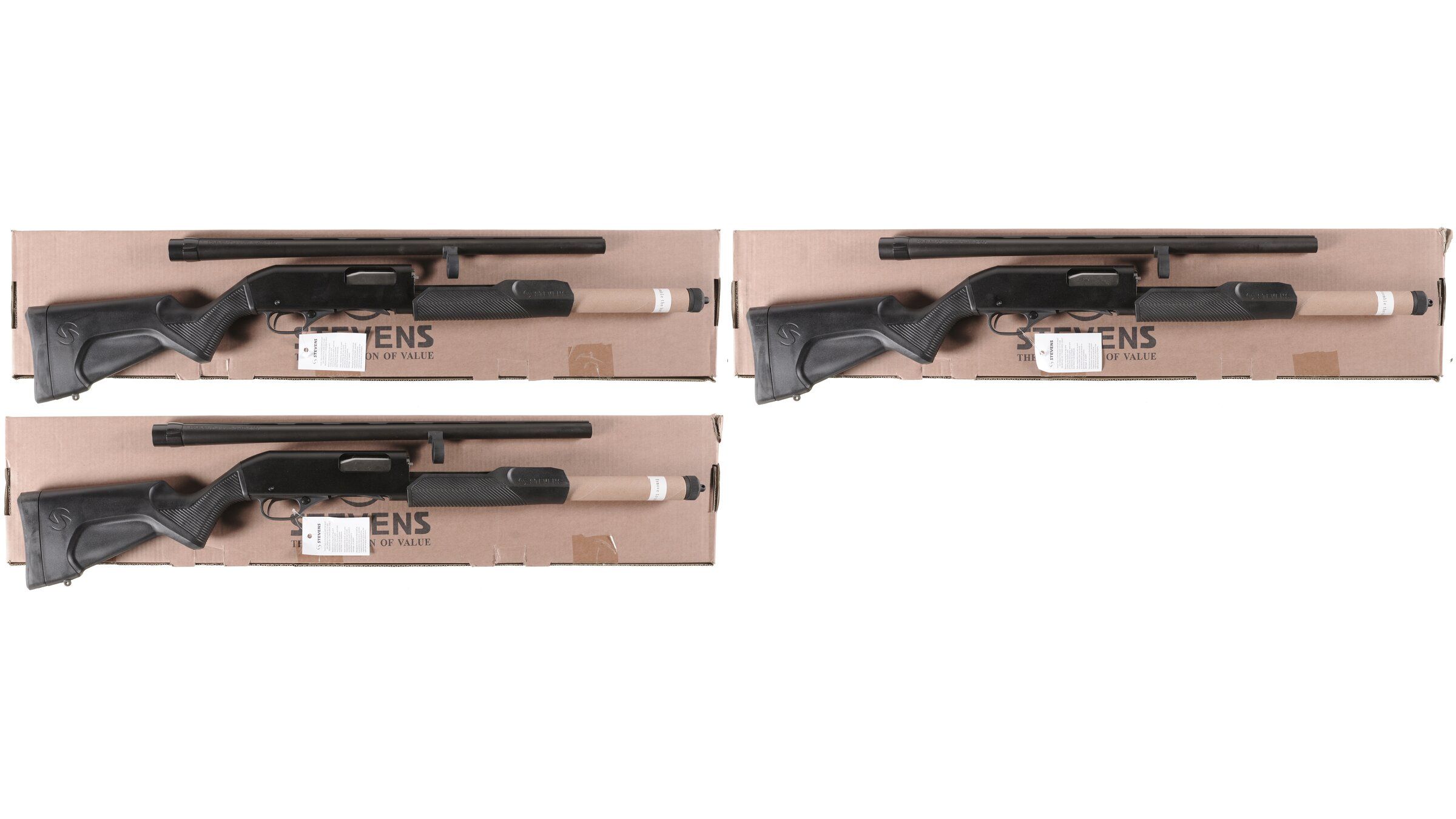 Three Stevens Model 320 Slide Action Shotguns with Boxes | Rock Island ...