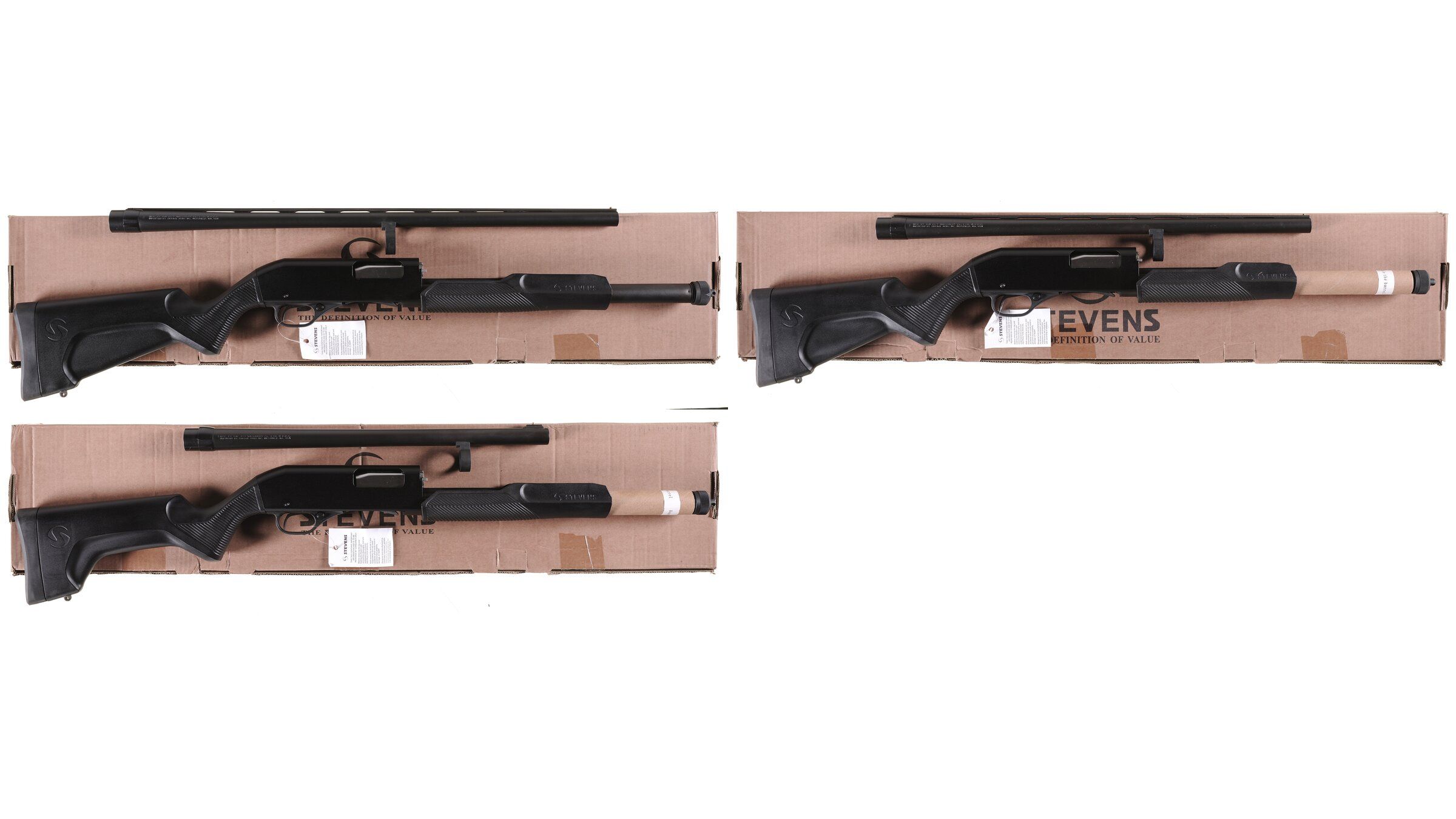 Three Stevens Model 320 Slide Action Shotguns with Boxes | Rock Island ...