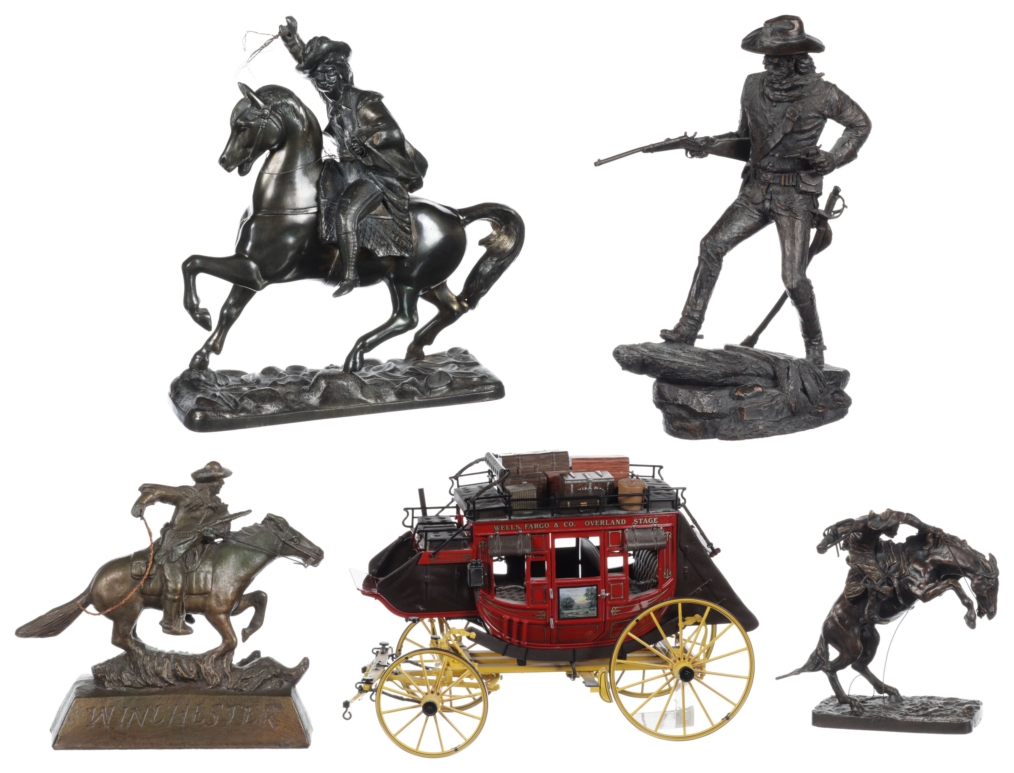 Four Western Themed Bronzes and a Wells Fargo Stagecoach Model | Rock ...