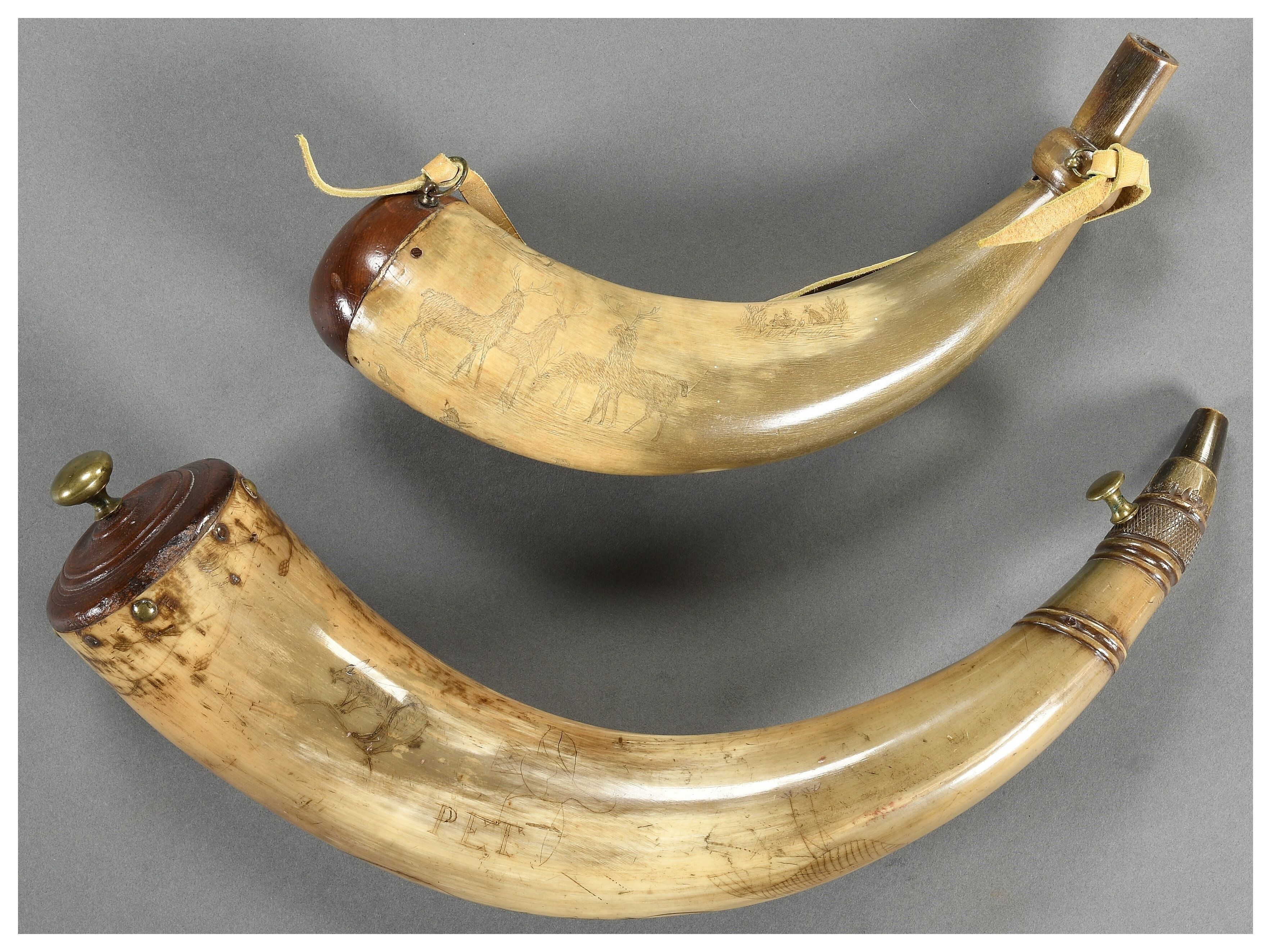 Two Attractive Larger Powder Horns | Rock Island Auction