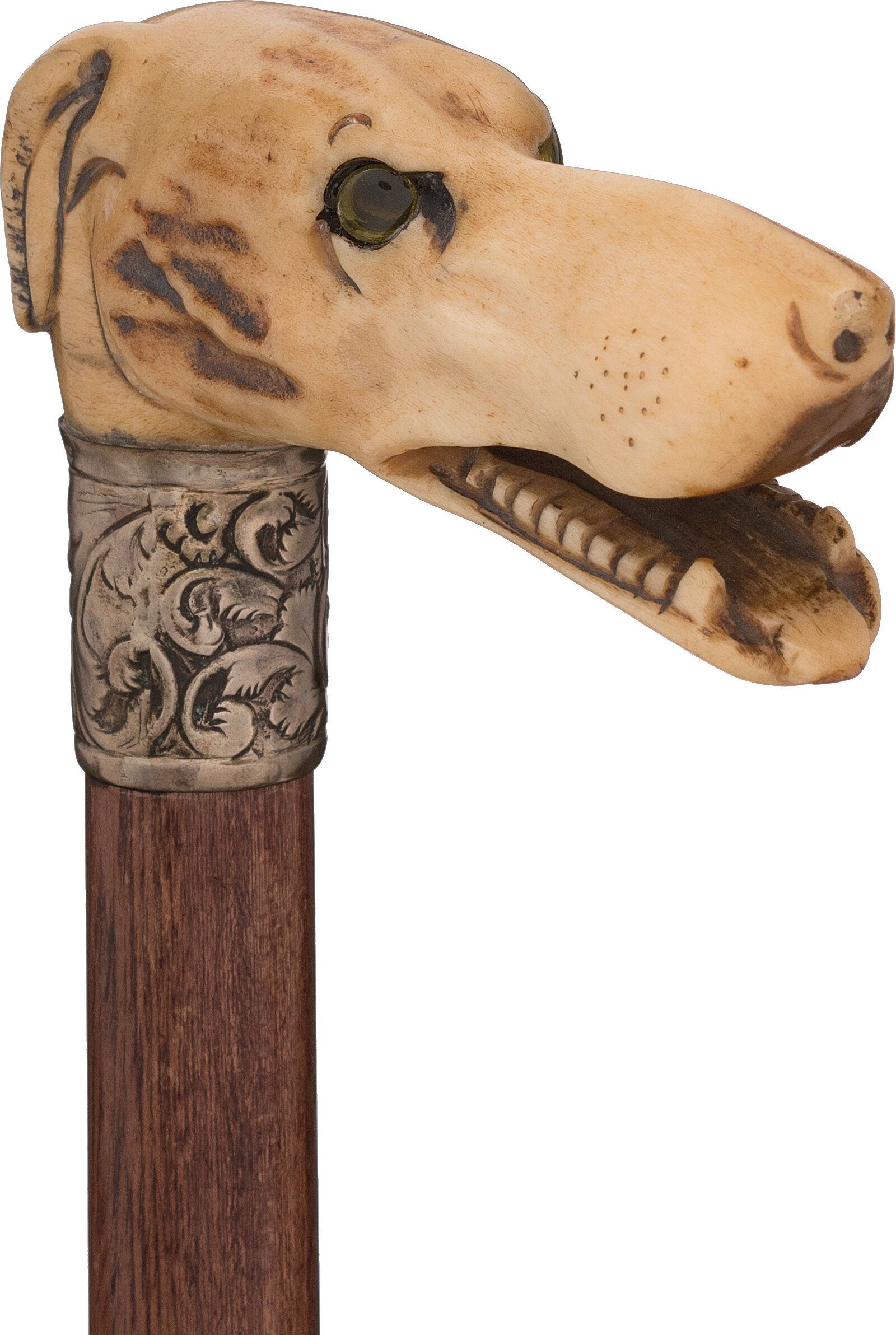 Antique Relief Carved Hound Head Cane with Silver Band | Rock Island ...