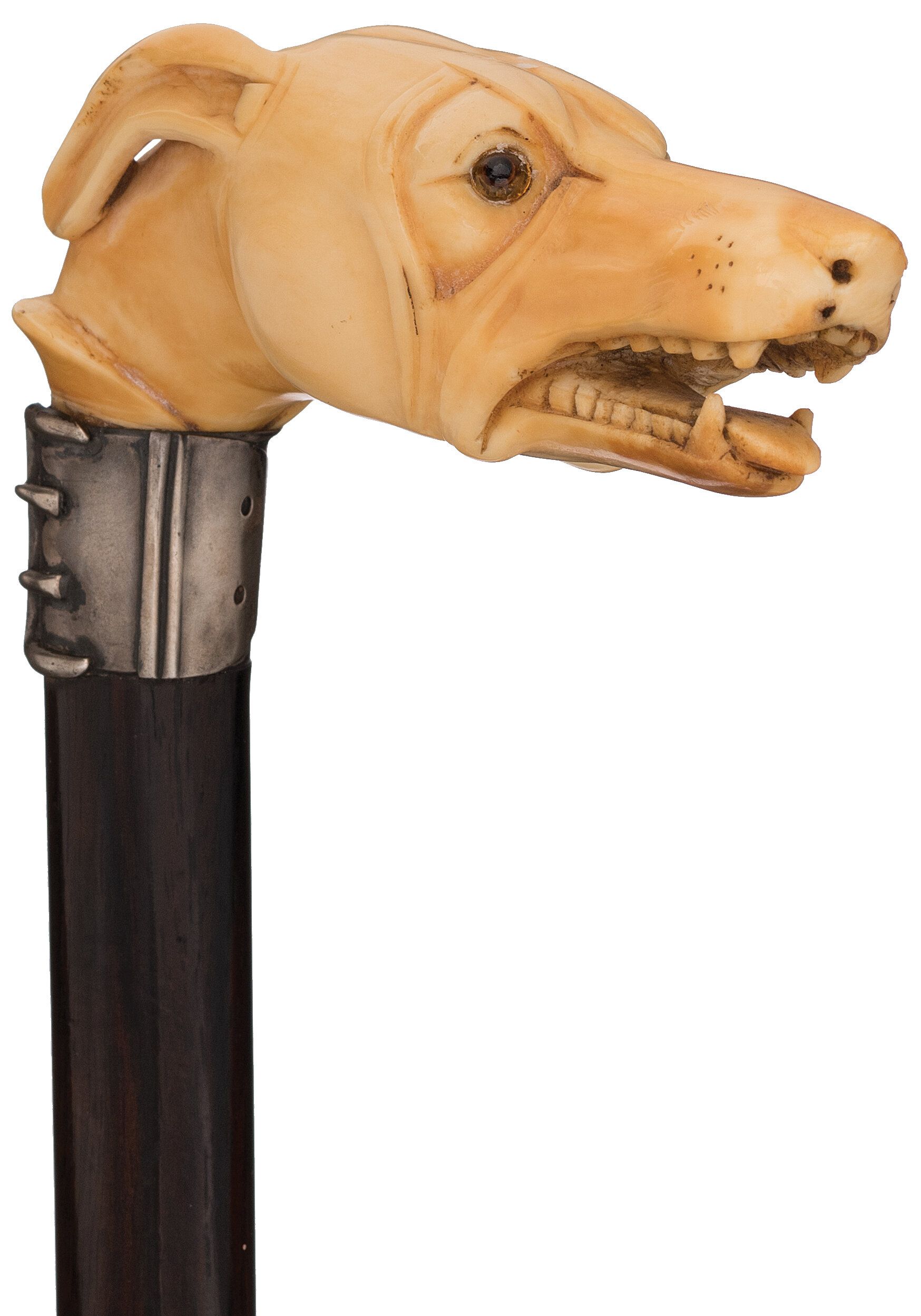 Relief Carved Hound Head Cane with Silver Band | Rock Island Auction