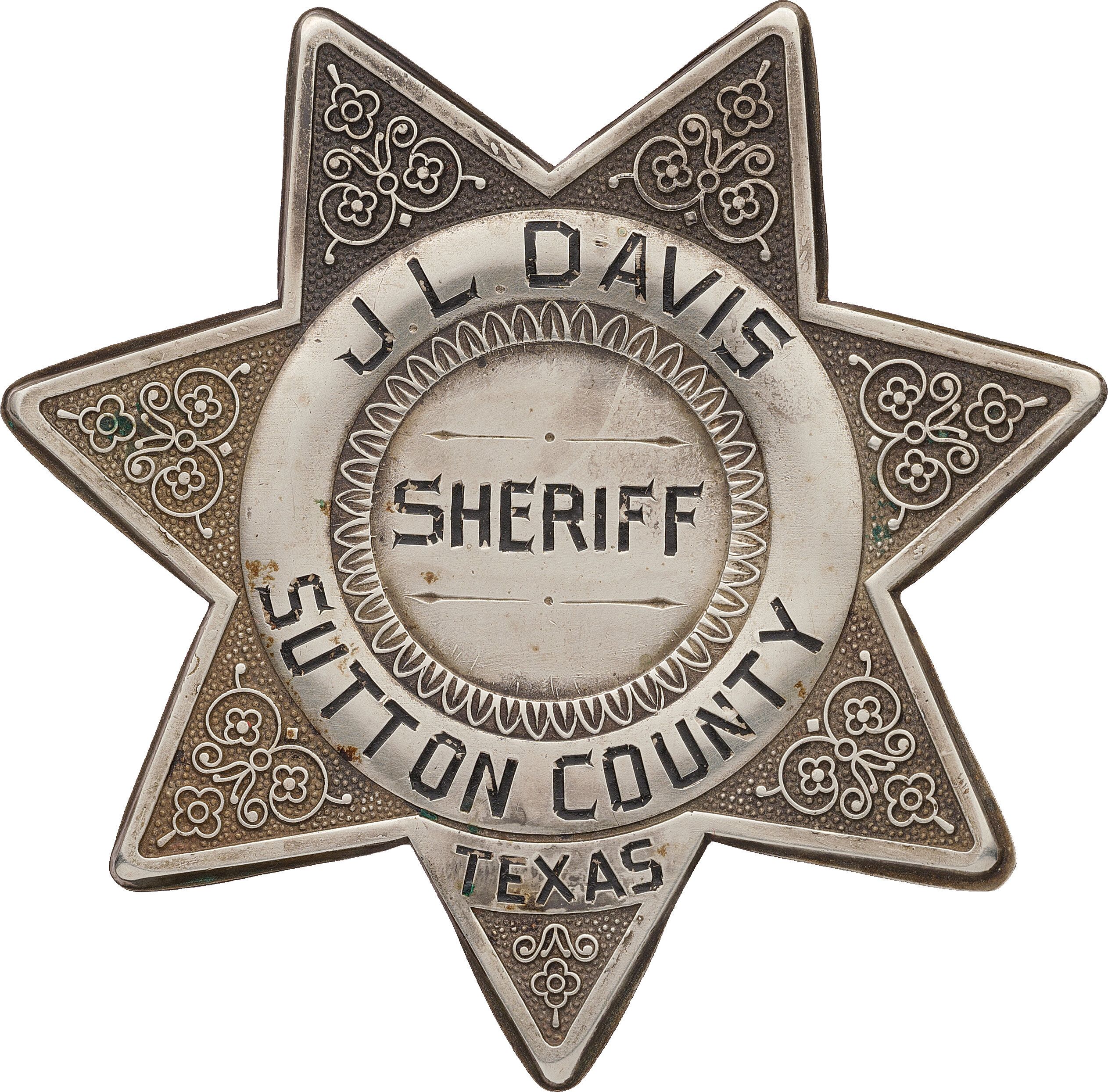 Inscribed J.L. Davis Sheriff Sutton County Texas Badge | Rock Island ...