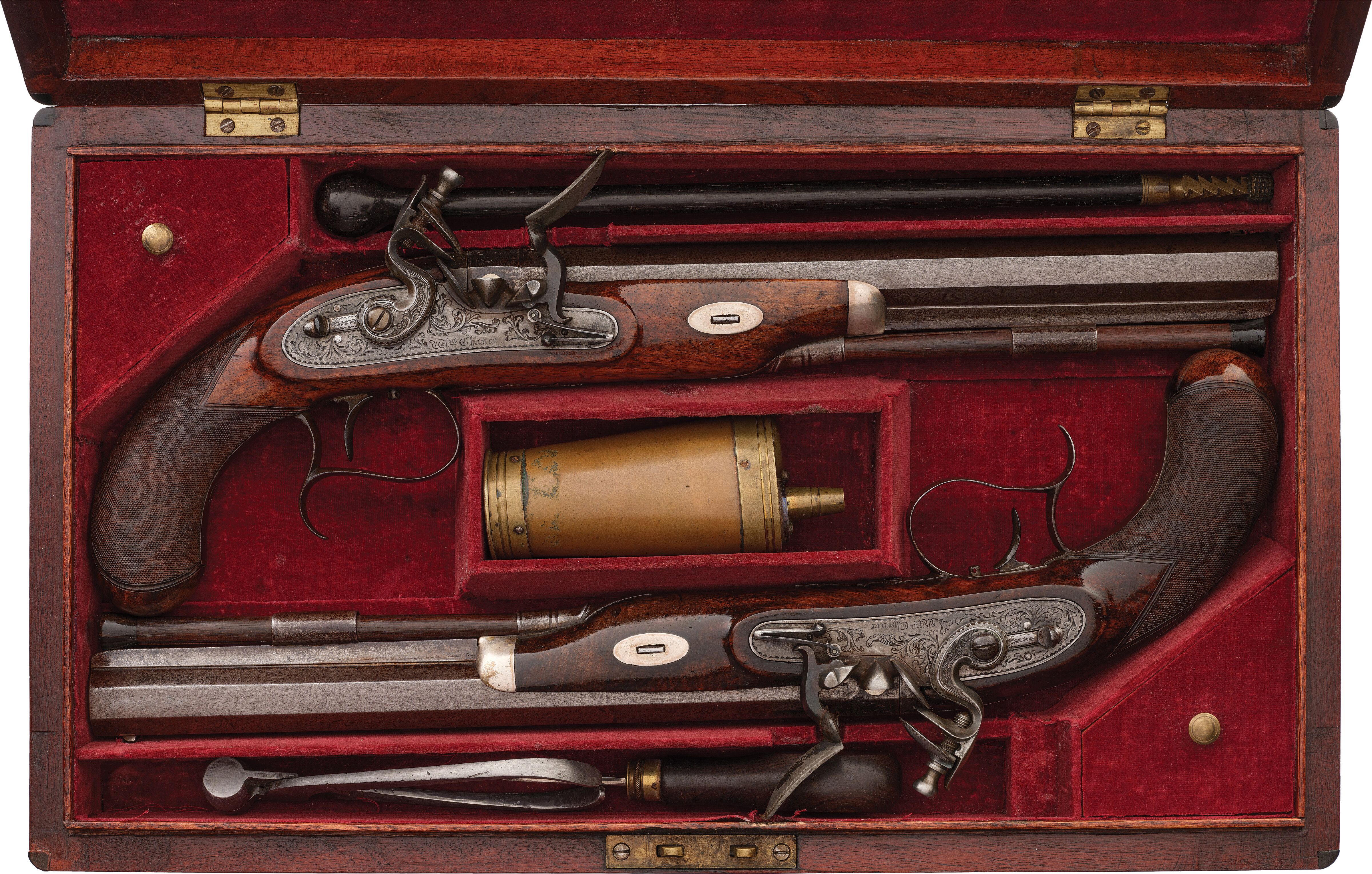 Cased Engraved Pair of William Chance Flintlock Dueling Pistols | Rock ...