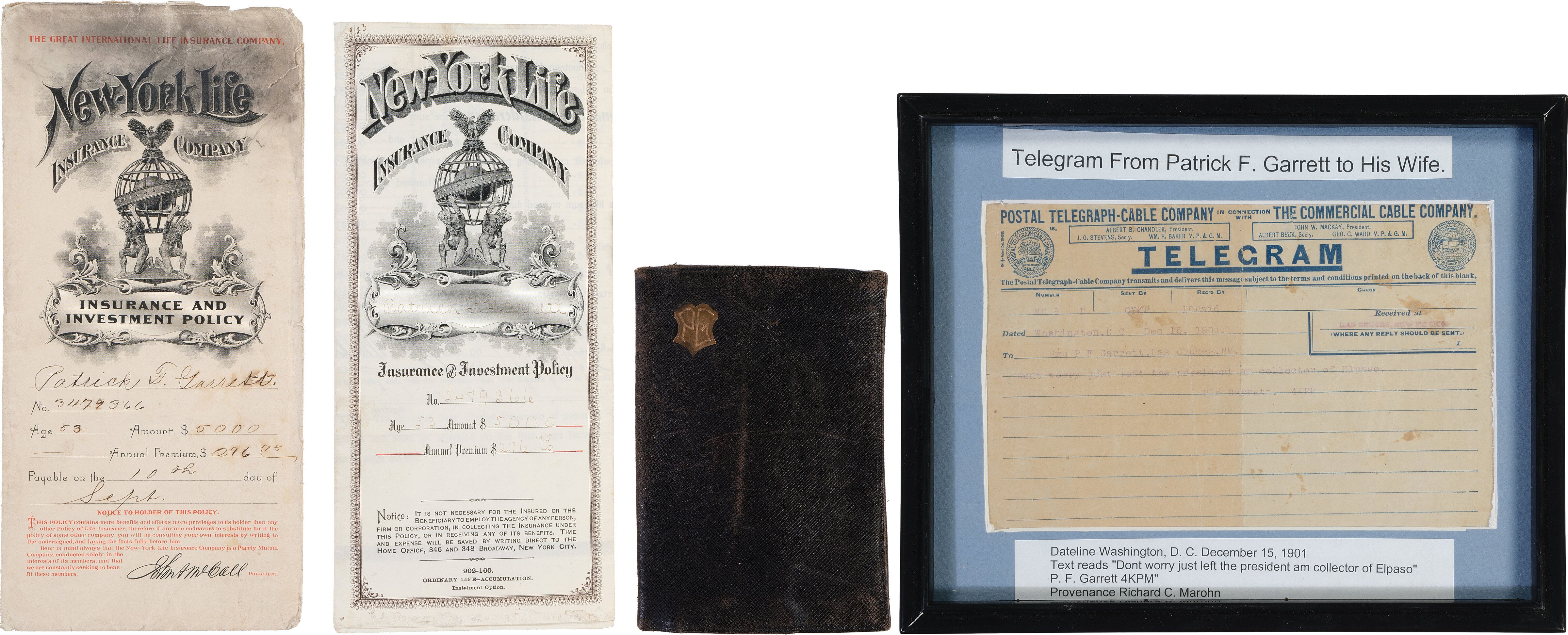 Pat Garrett's Wallet, Telegram to His Wife, & Insurance Policy | Rock ...