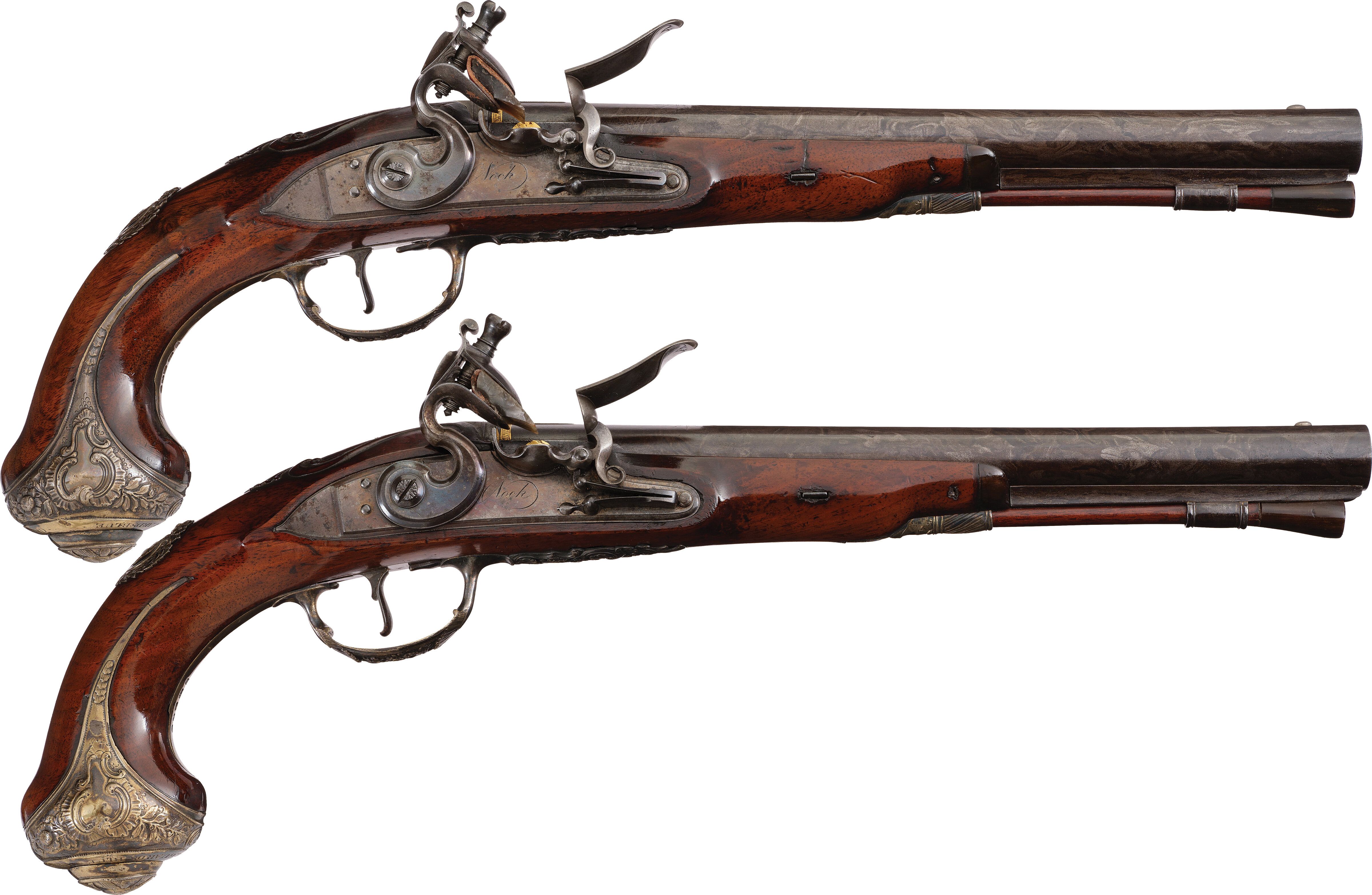 Silver Mounted Pair of H. Nock Flintlock Pistols | Rock Island Auction