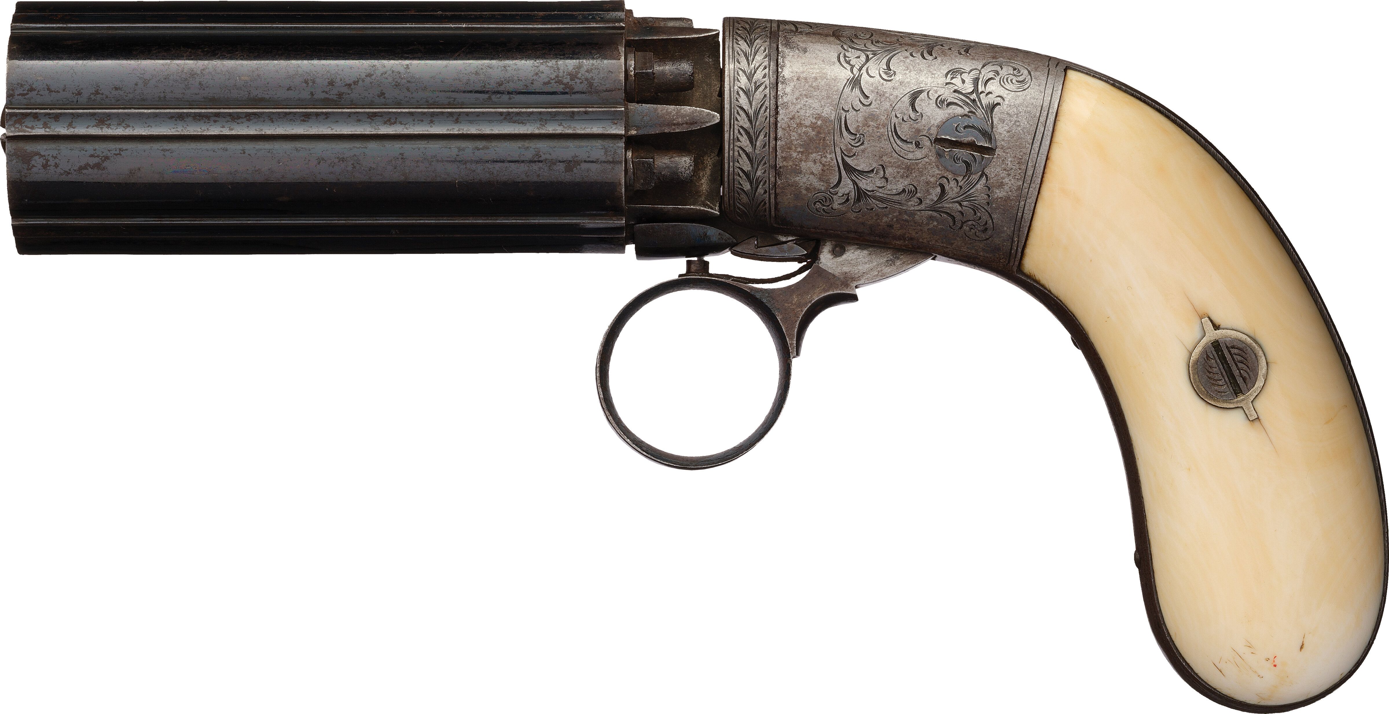 Engraved John Syms Medium Frame Percussion Pepperbox | Rock Island Auction