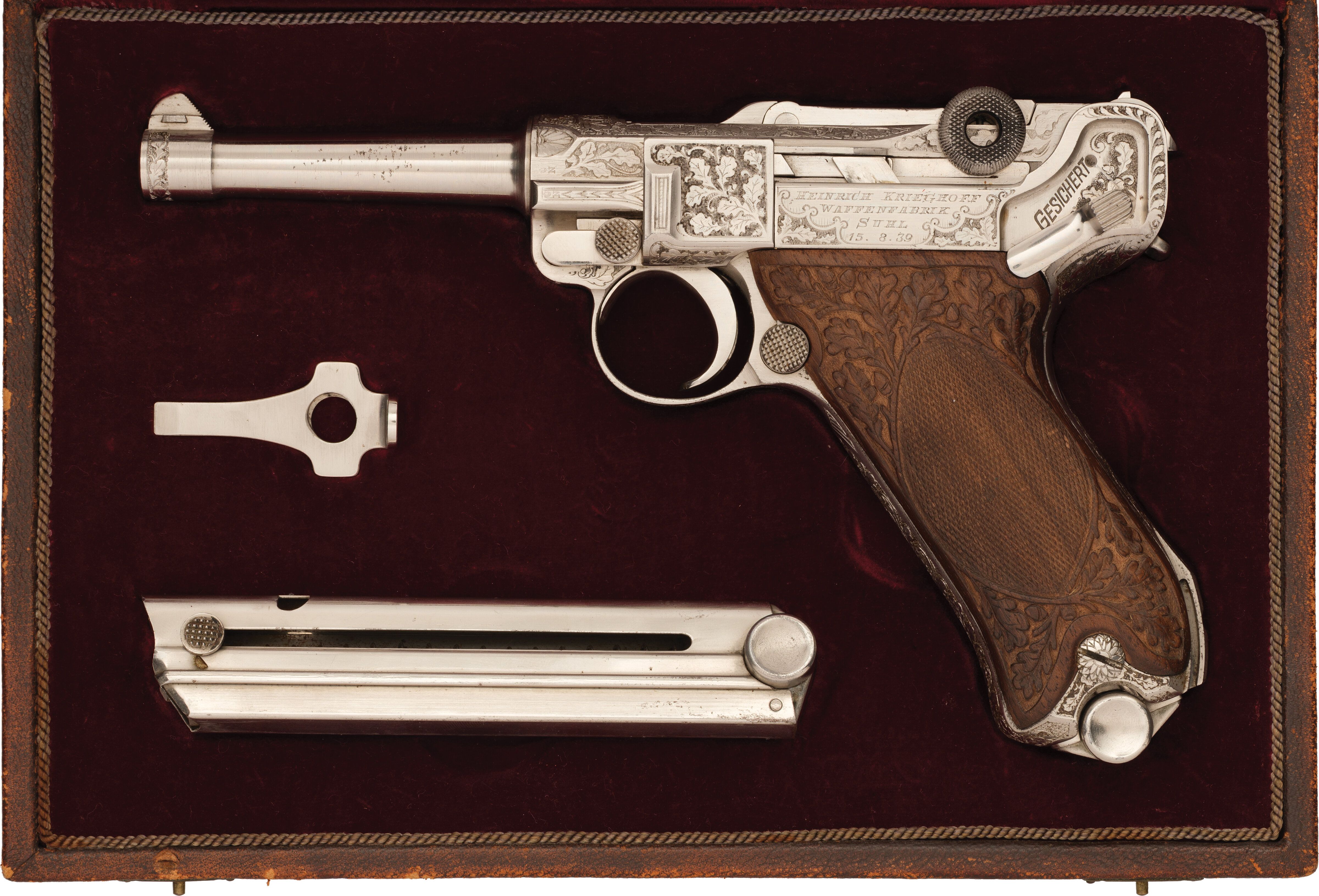 Cased Factory Presentation Engraved Krieghoff P.08 Luger Pistol | Rock ...