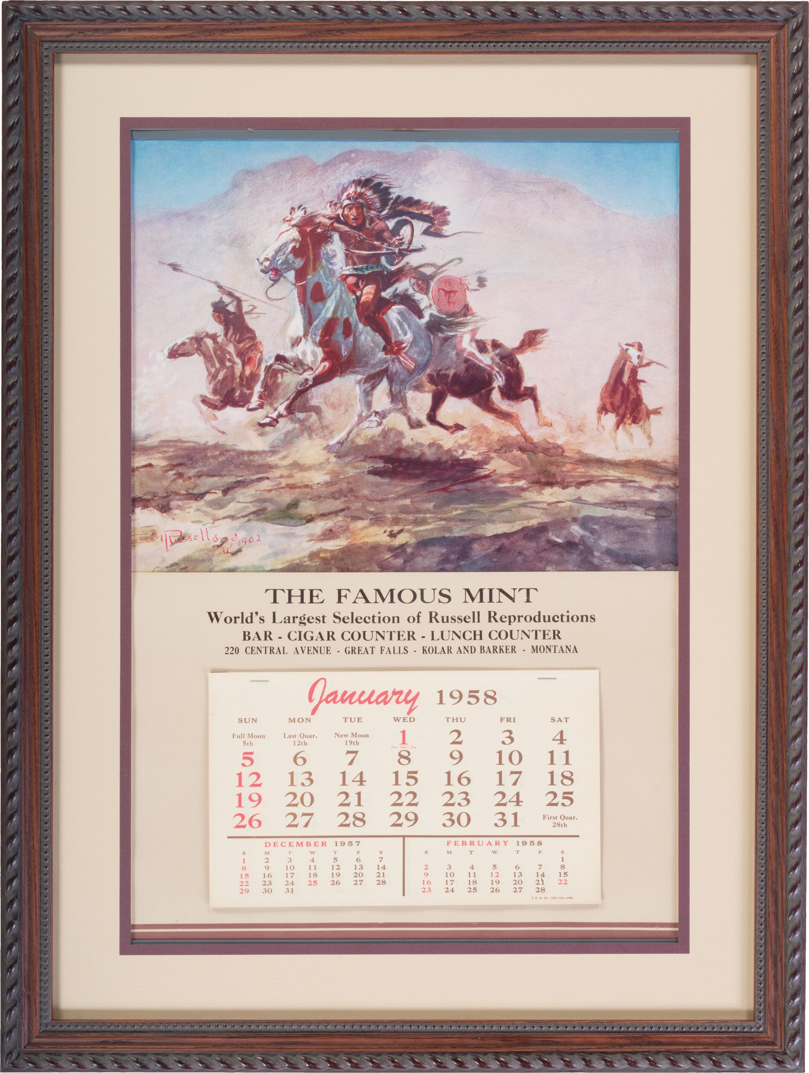 Framed 1958 Calendar for the Mint Saloon of Montana | Rock Island Auction