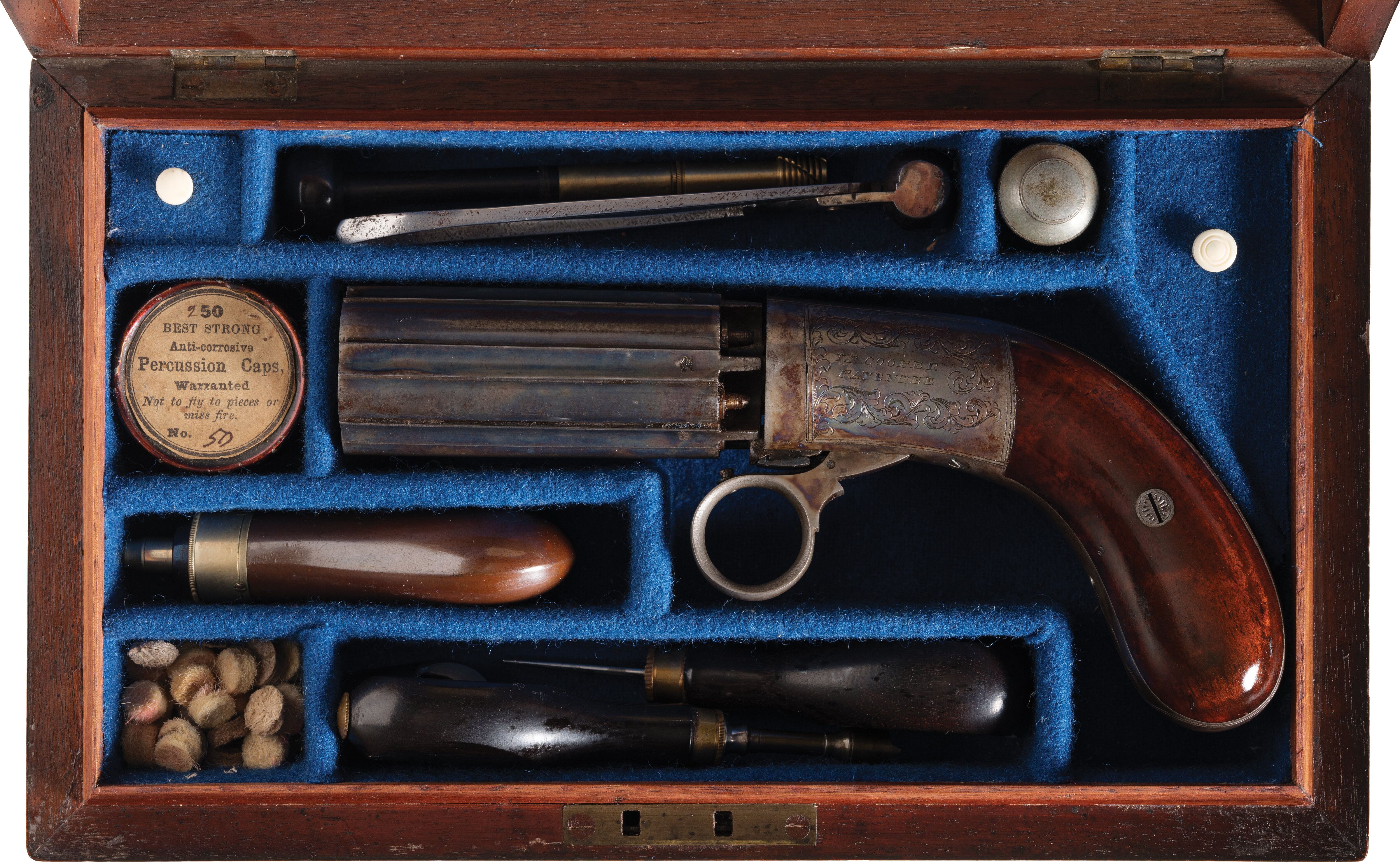 Cased Engraved Cooper Patent Underhammer Percussion Pepperbox | Rock ...