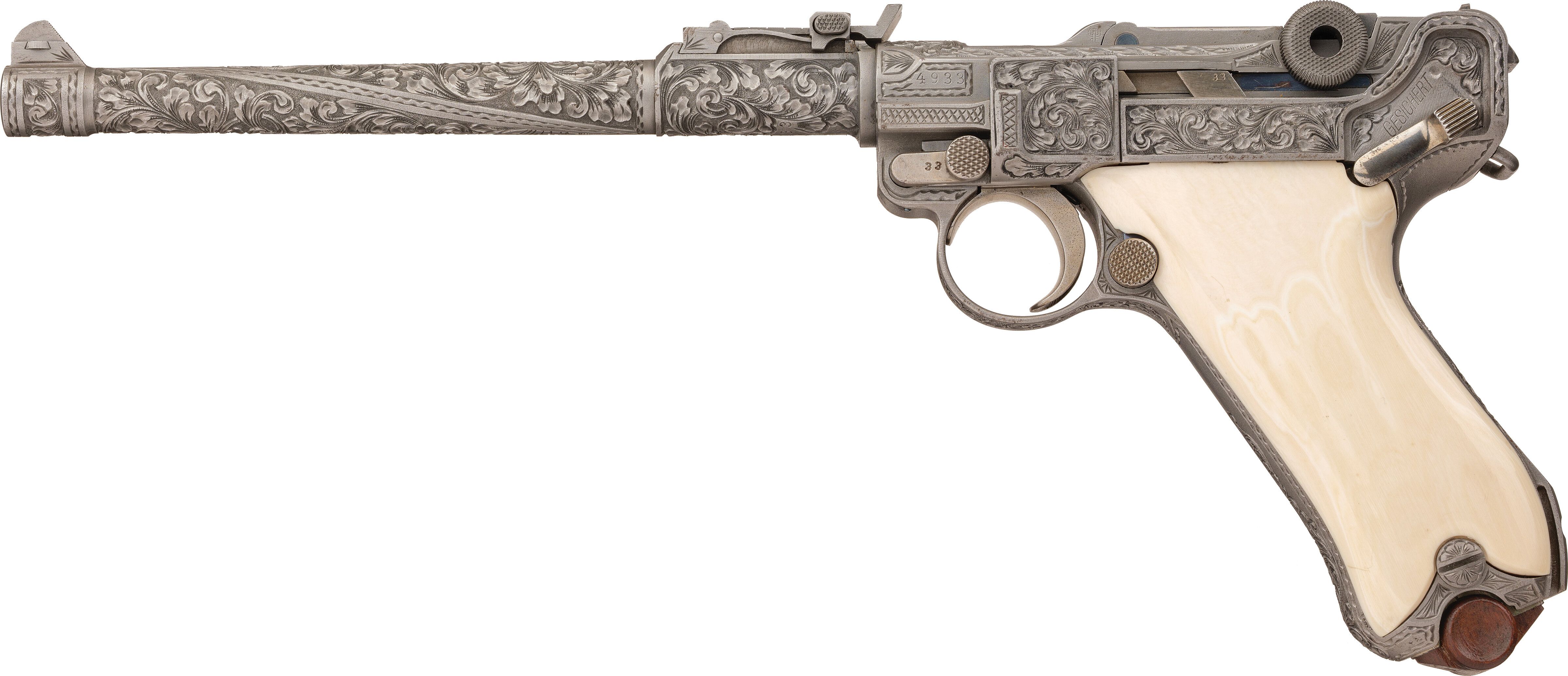 Engraved "1917" Date DWM Artillery Luger Pistol with Ivory Grips | Rock ...