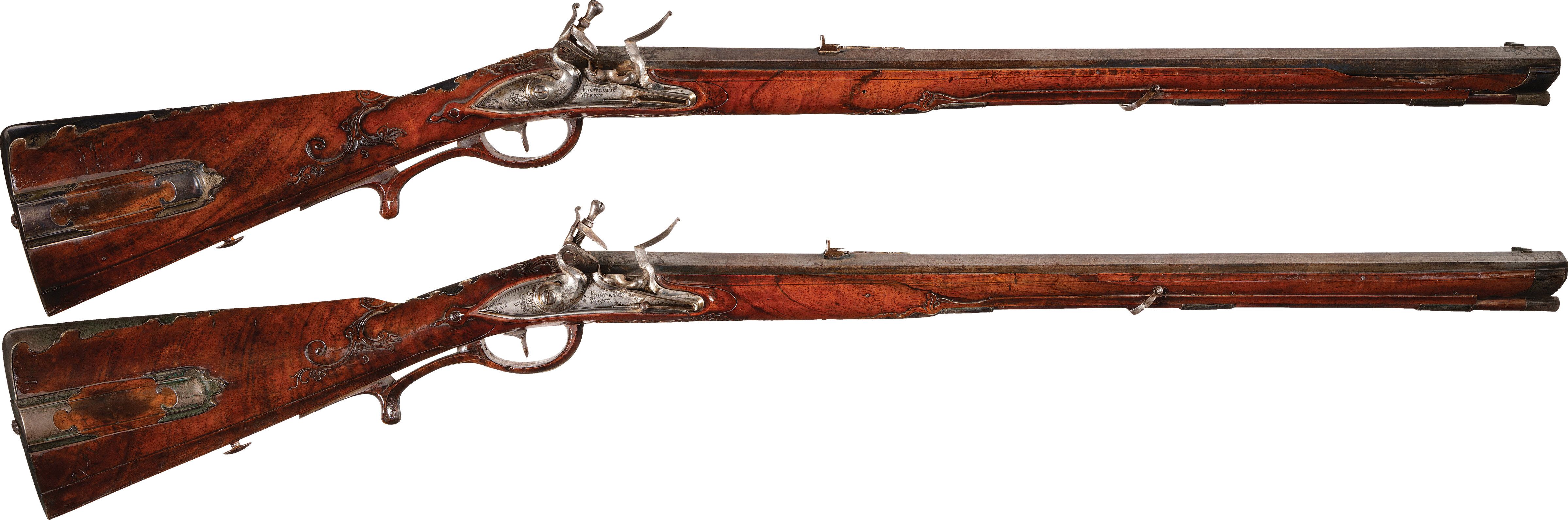 Pair of Silver Mounted & Carved Joseph Fruwirth Flintlock Rifles | Rock ...