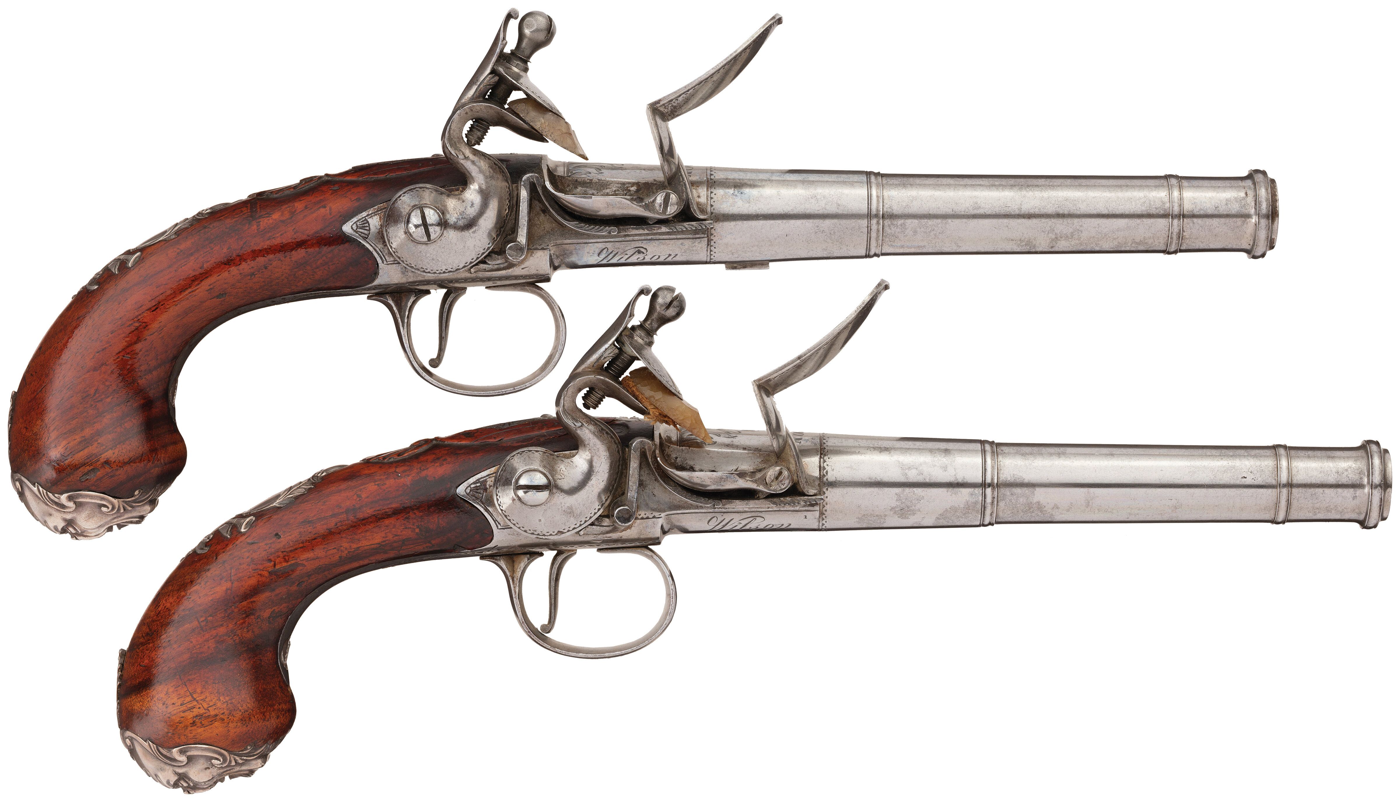 Silver Mounted Pair of Wilson Queen Anne Flintlock Pistols | Rock ...
