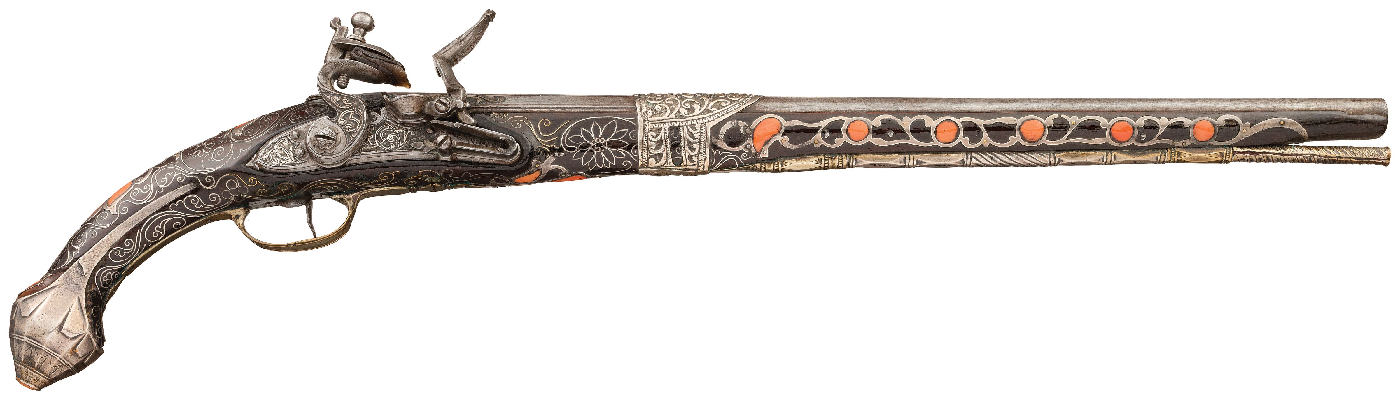Silver Mounted, Coral Inlaid, & Relief Chiseled Flintlock Pistol | Rock ...