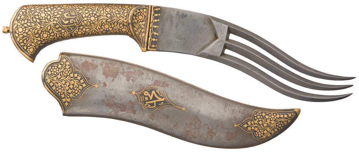 Unique Triple Bladed Dagger with Gold Inlaid Hilt and Sheath | Rock ...