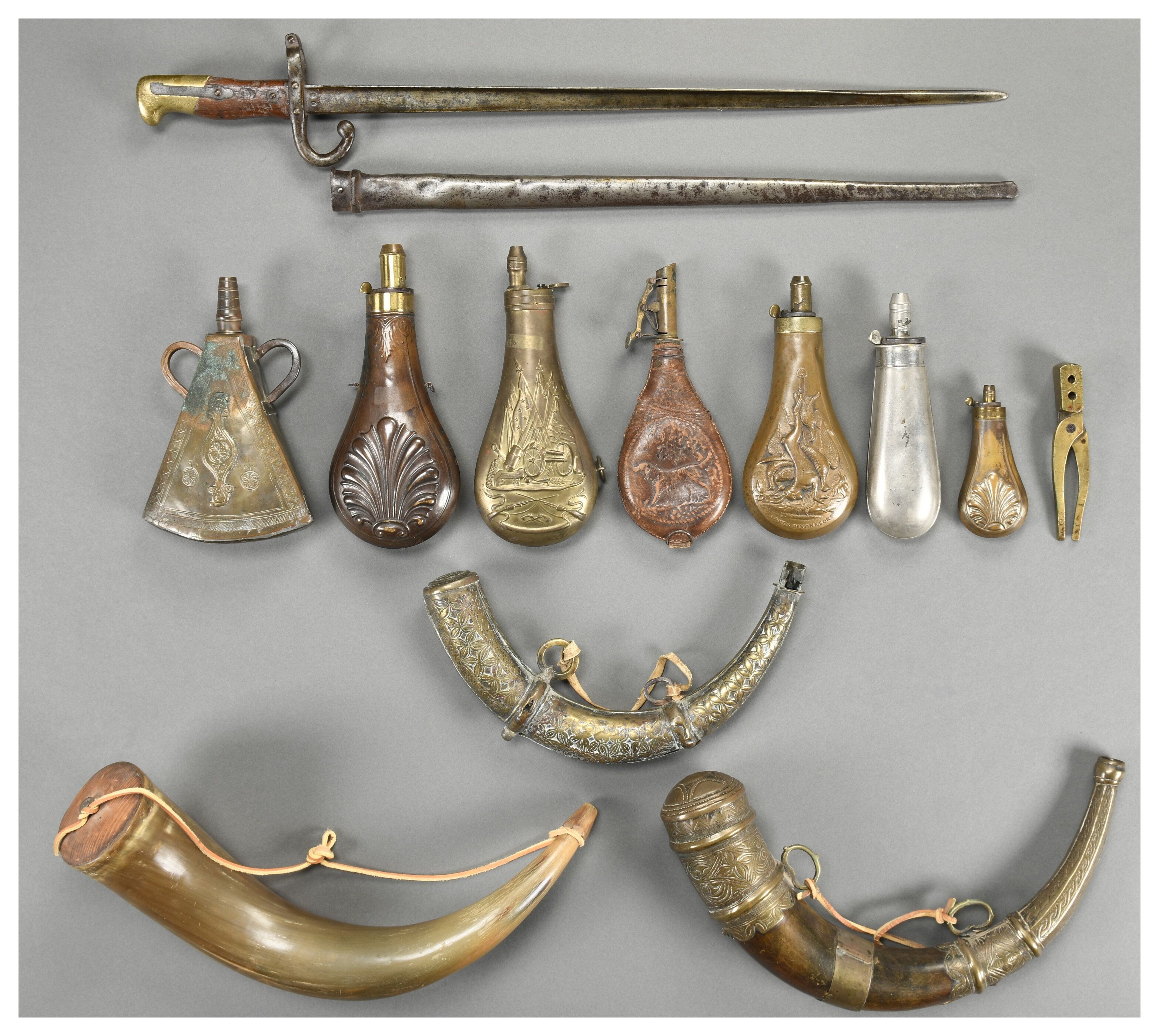 Ten Powder Flasks/Horns, One Bullet Mold, and One Bayonet | Rock Island ...