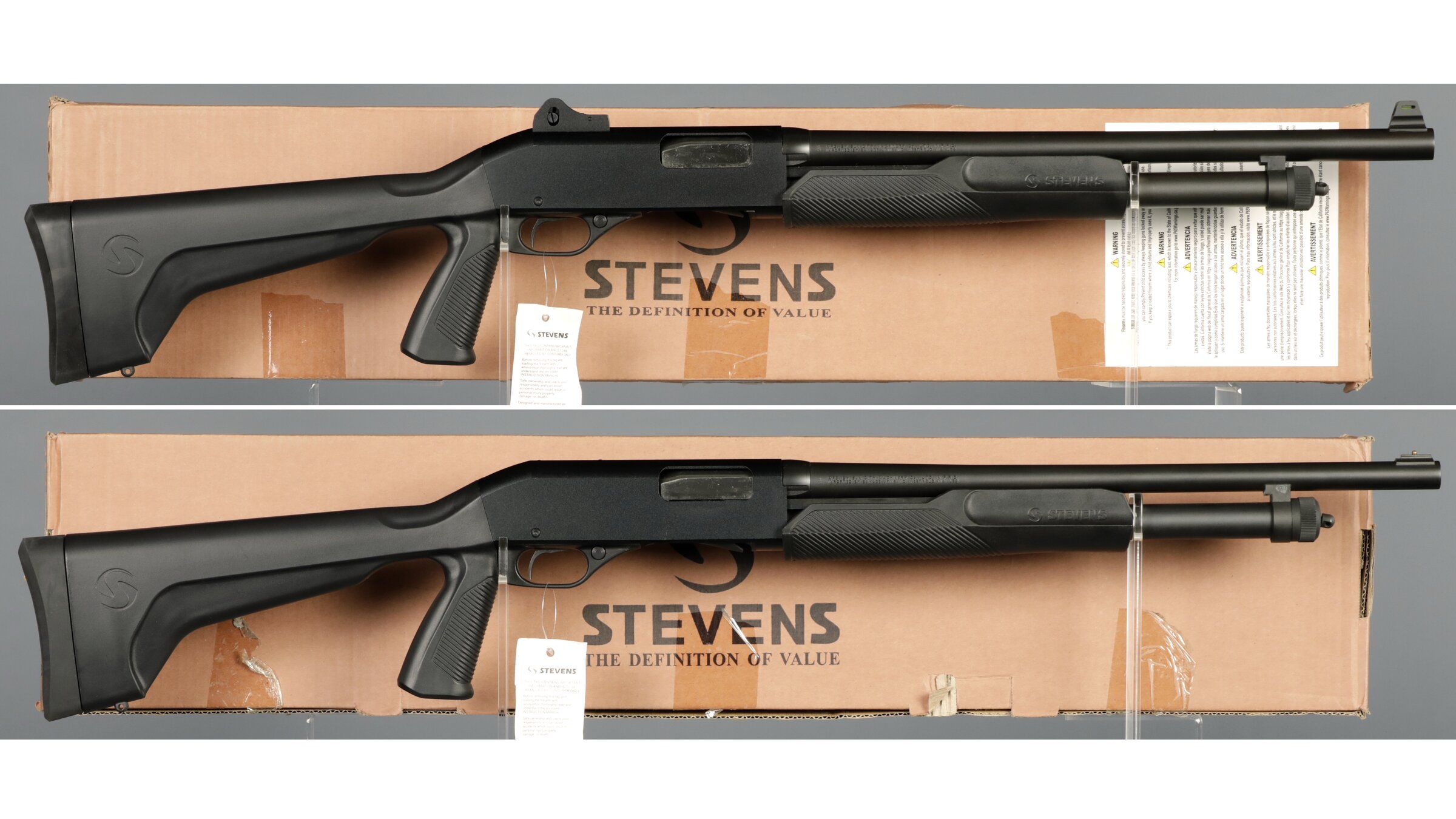 Two Savage Stevens 320 Slide Action Shotguns with Box | Rock Island Auction
